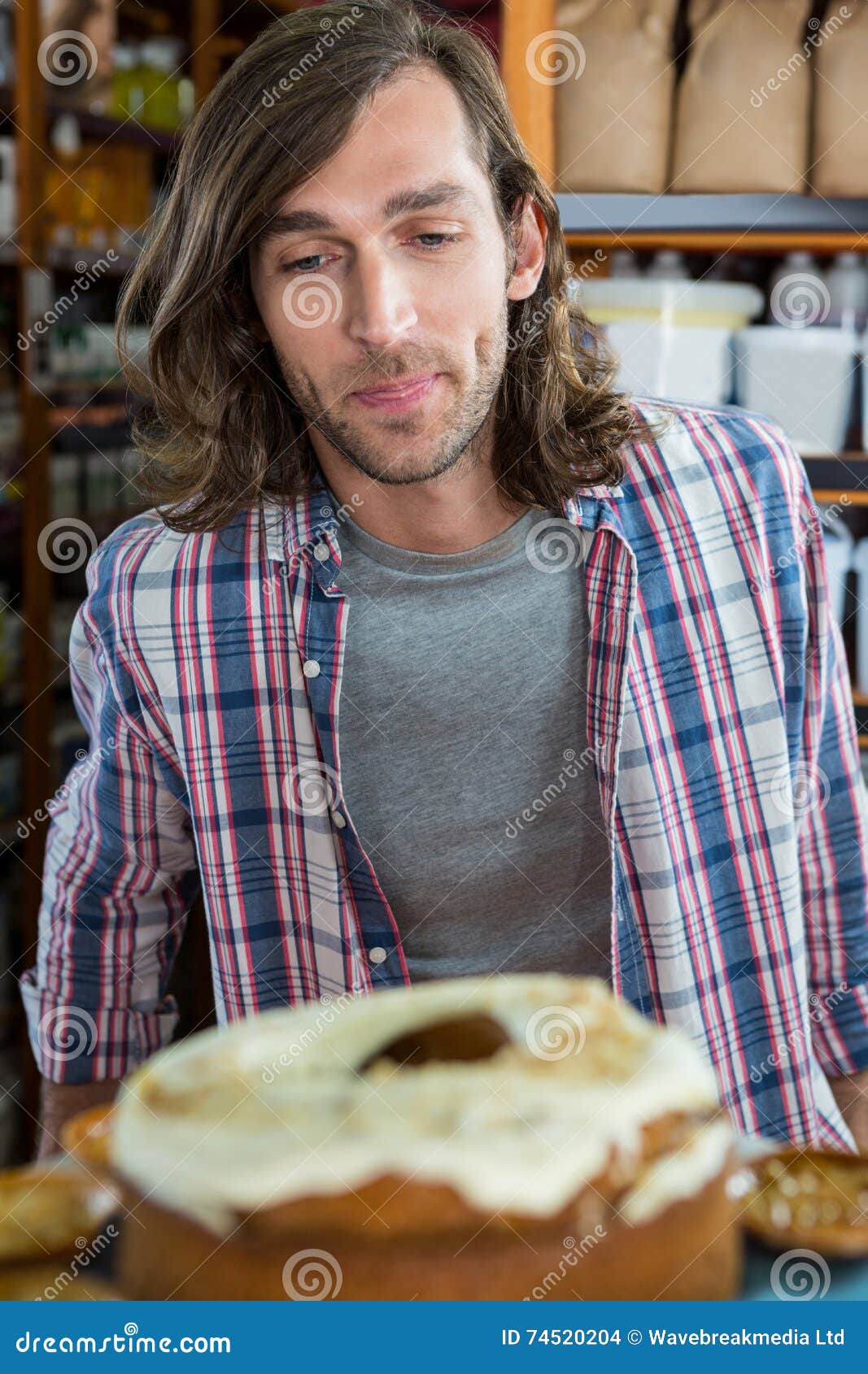 Happy Man Looking at Delicious Cake Stock Photo - Image of grocery ...