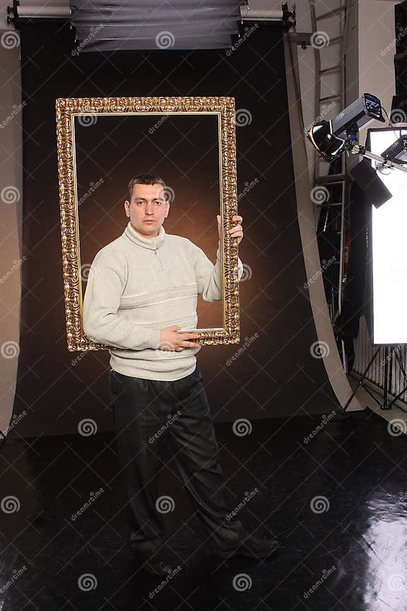 Happy Man Looking through Empty Frame Stock Photo - Image of portrait ...