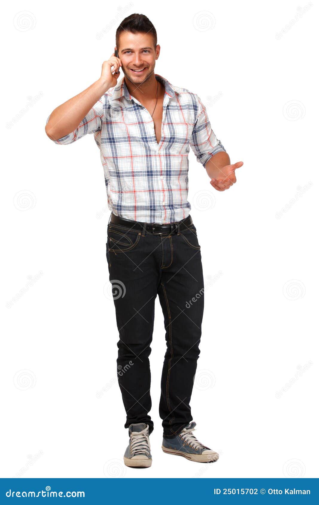 Happy man making a call stock photo. Image of pose, jeans - 25015702