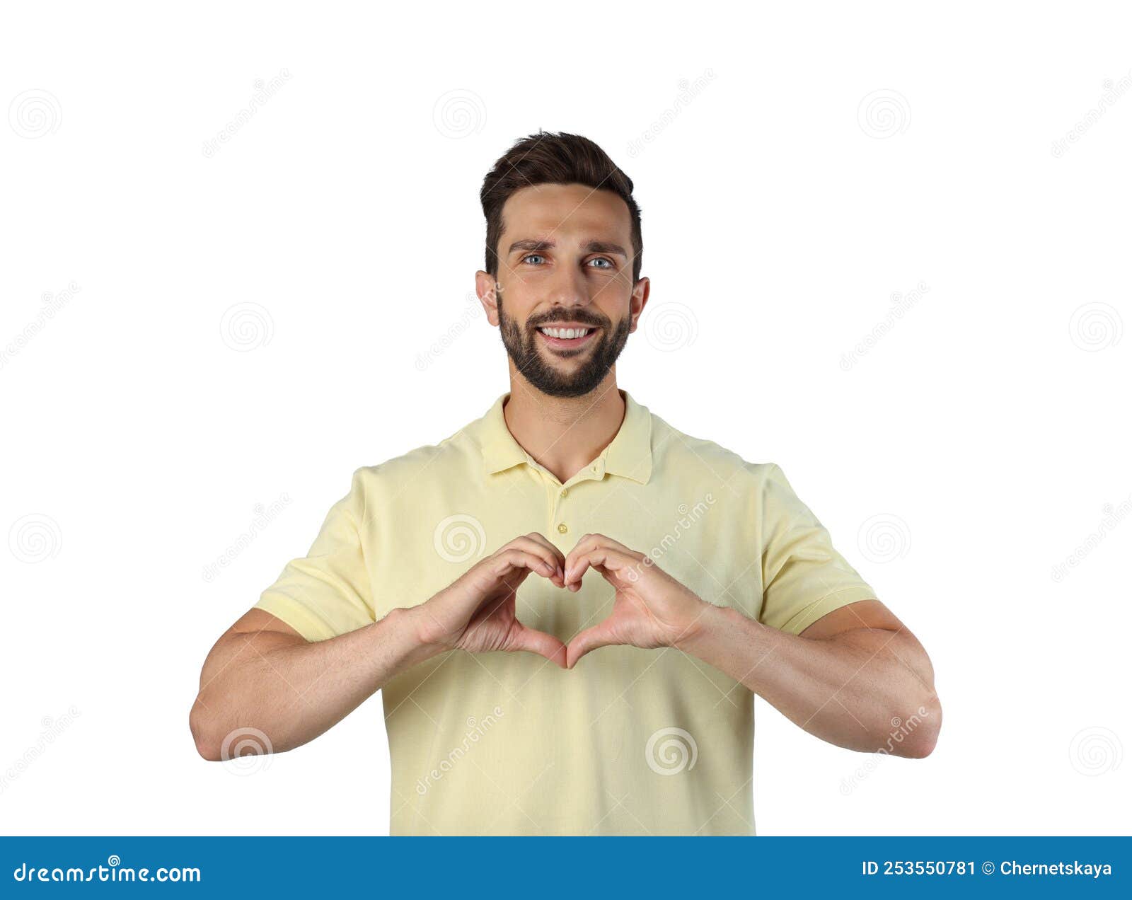 Happy Man Making Heart with Hands on White Background Stock Image ...