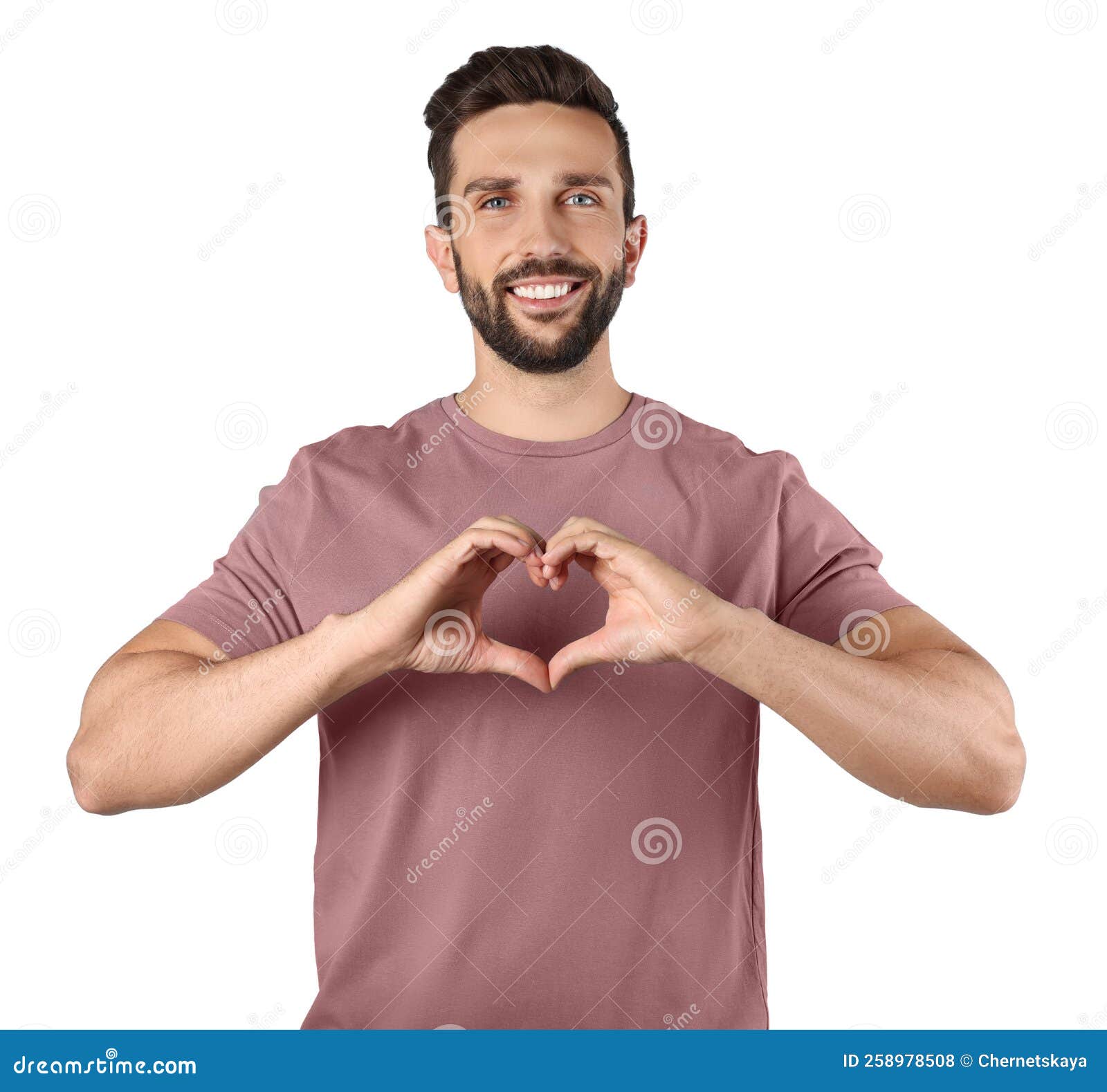 Happy Man Making Heart with Hands on White Background Stock Photo ...