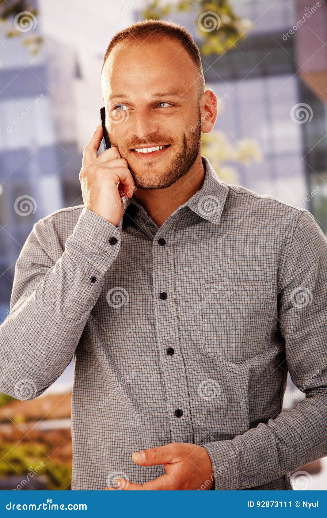 Happy man on mobilephone stock image. Image of handheld - 92873111