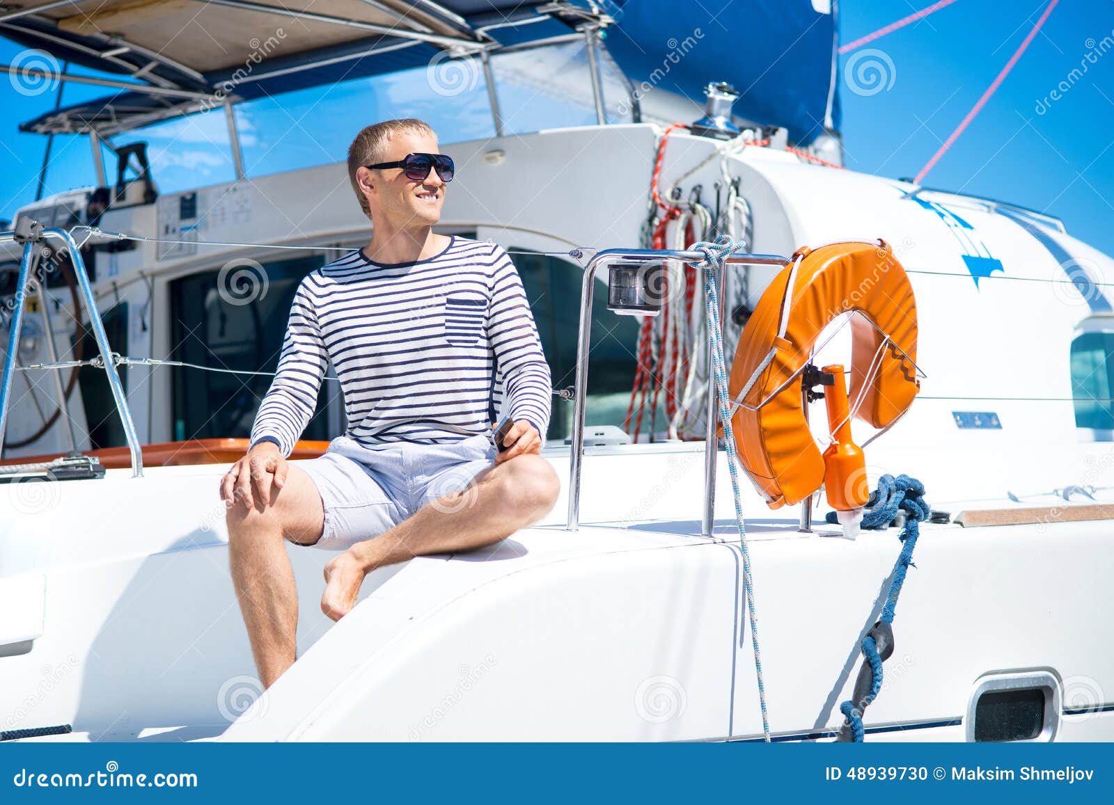 Happy Man in Modern Clothes on a Boat Stock Photo - Image of male ...