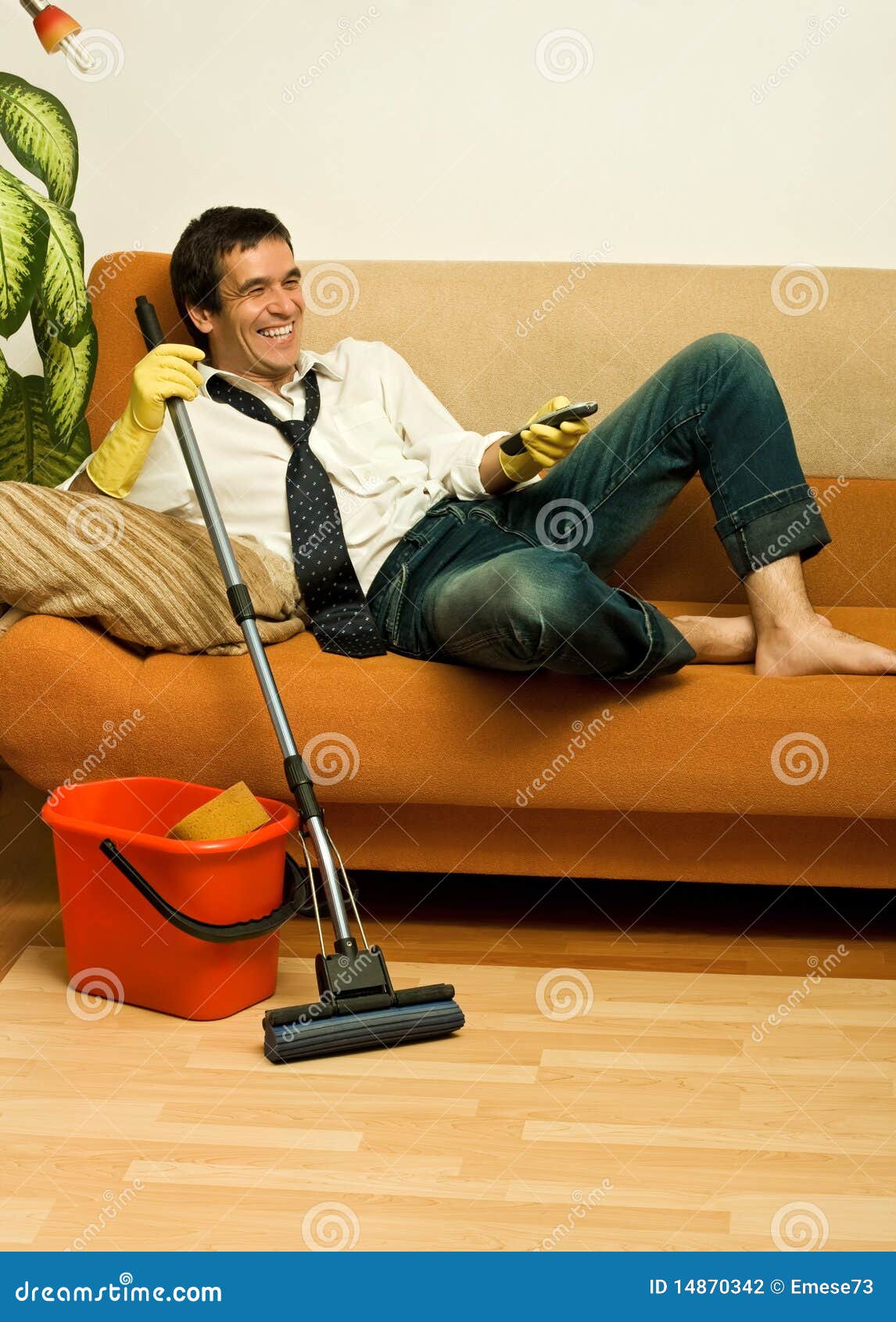 Happy man with mop stock photo. Image of home, blue, cleaner - 14870342