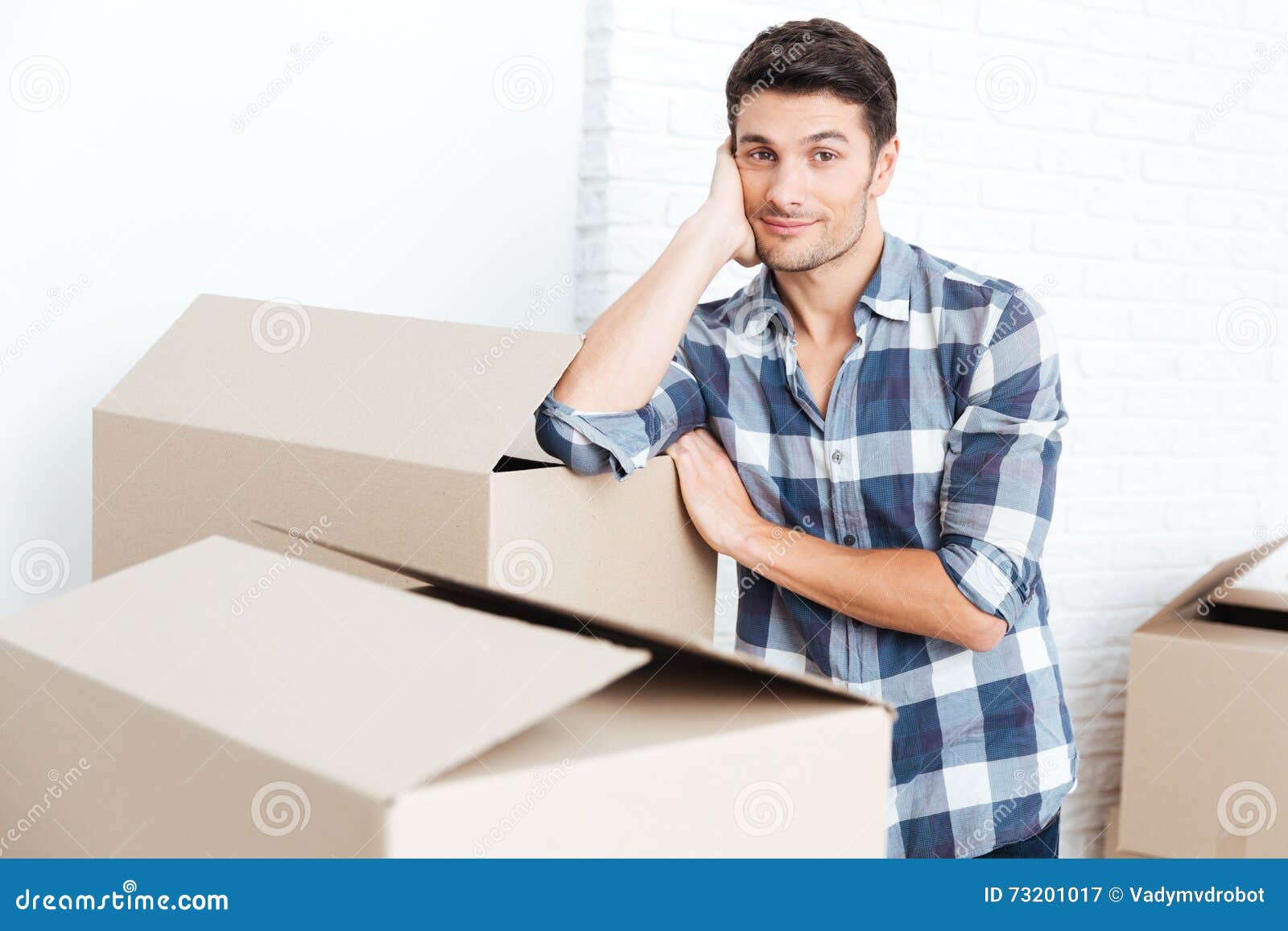 Happy Man Moving in and Carrying Carton Boxes Stock Image - Image of ...