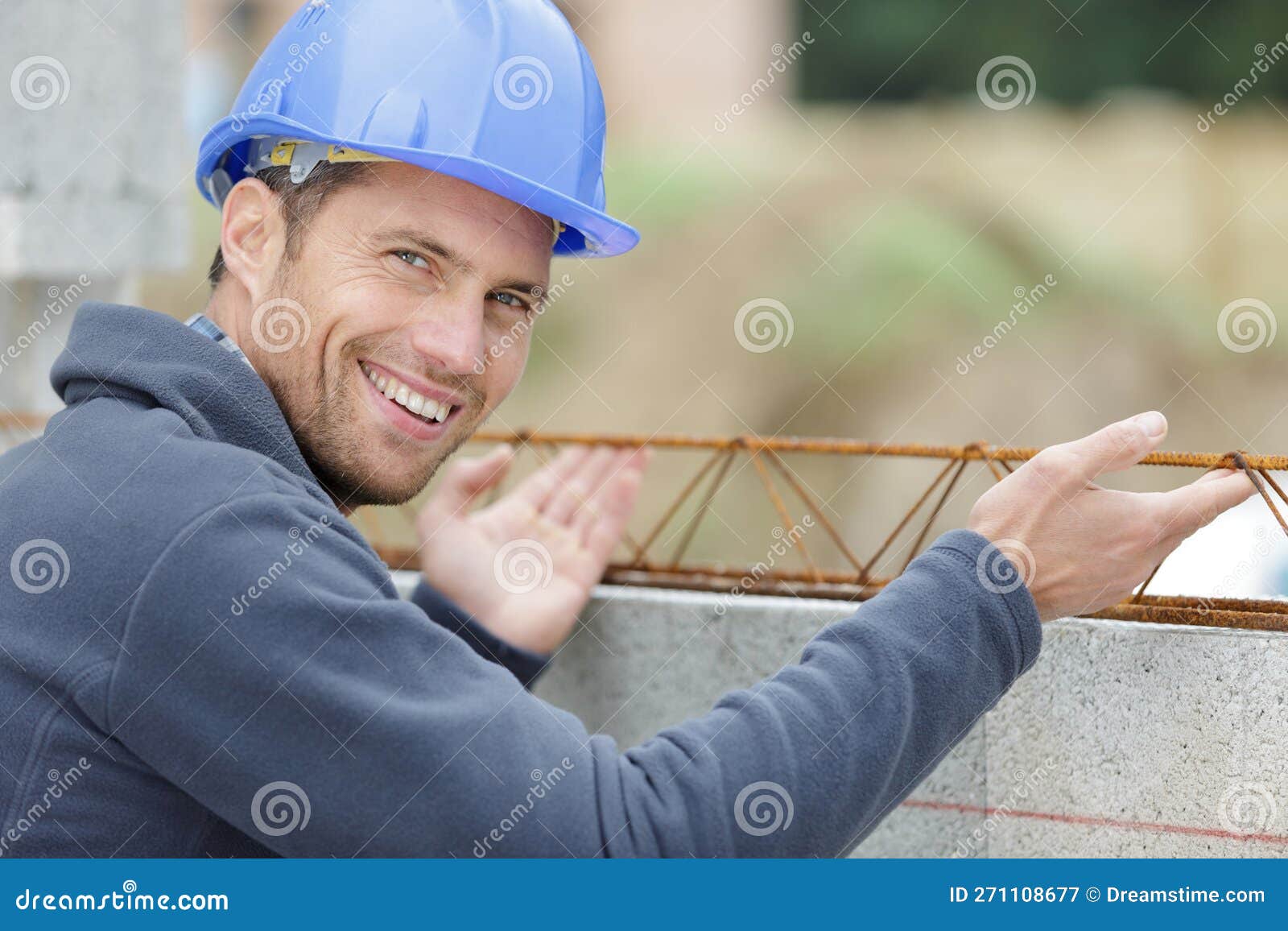 Happy Man Next To Building Construction Reinforced Concrete Structure ...