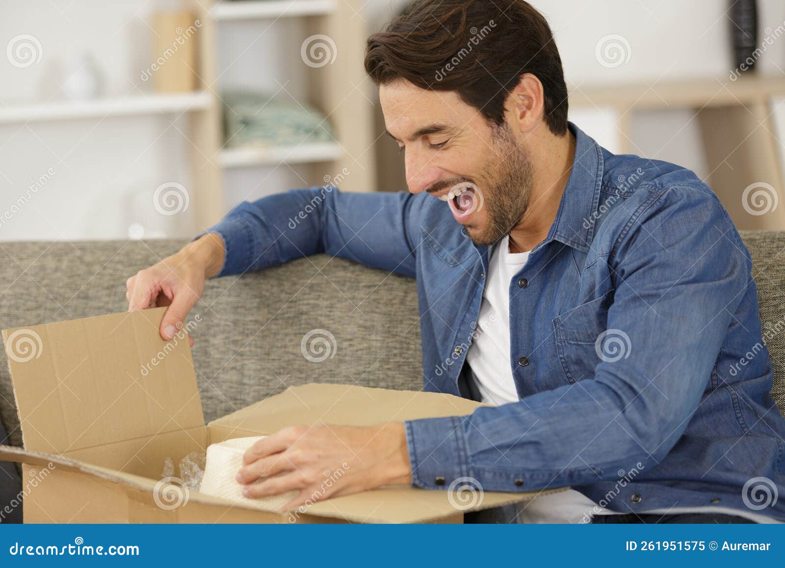 Happy Man Opening Parcel Box at Home Stock Image - Image of delivery ...