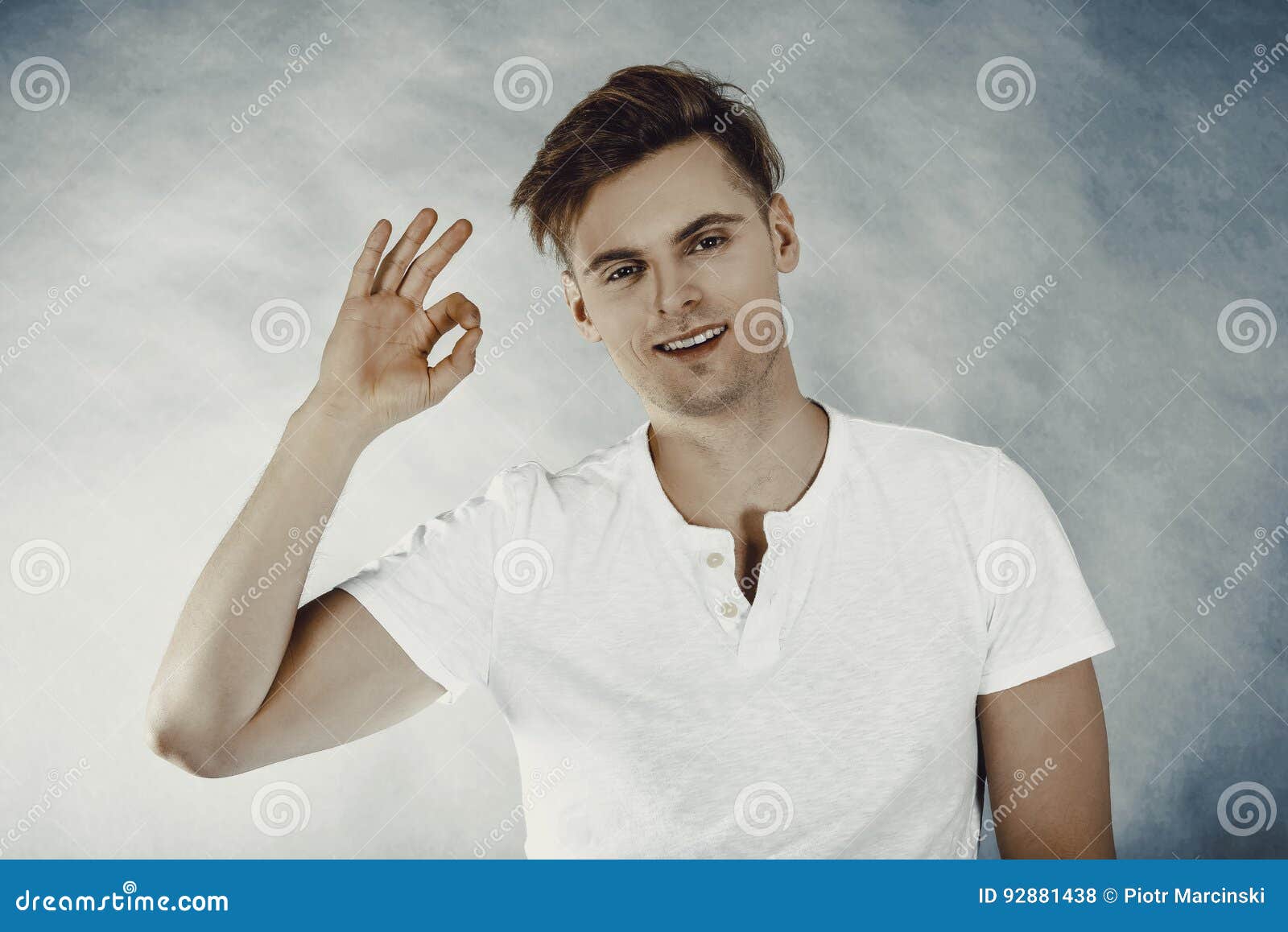 Happy Man with Perfect Hand Sign Stock Photo - Image of grey, smile ...
