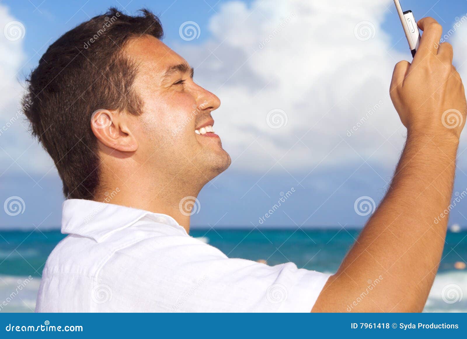 Happy Man with Phone on the Beach Stock Photo - Image of mobile, access ...