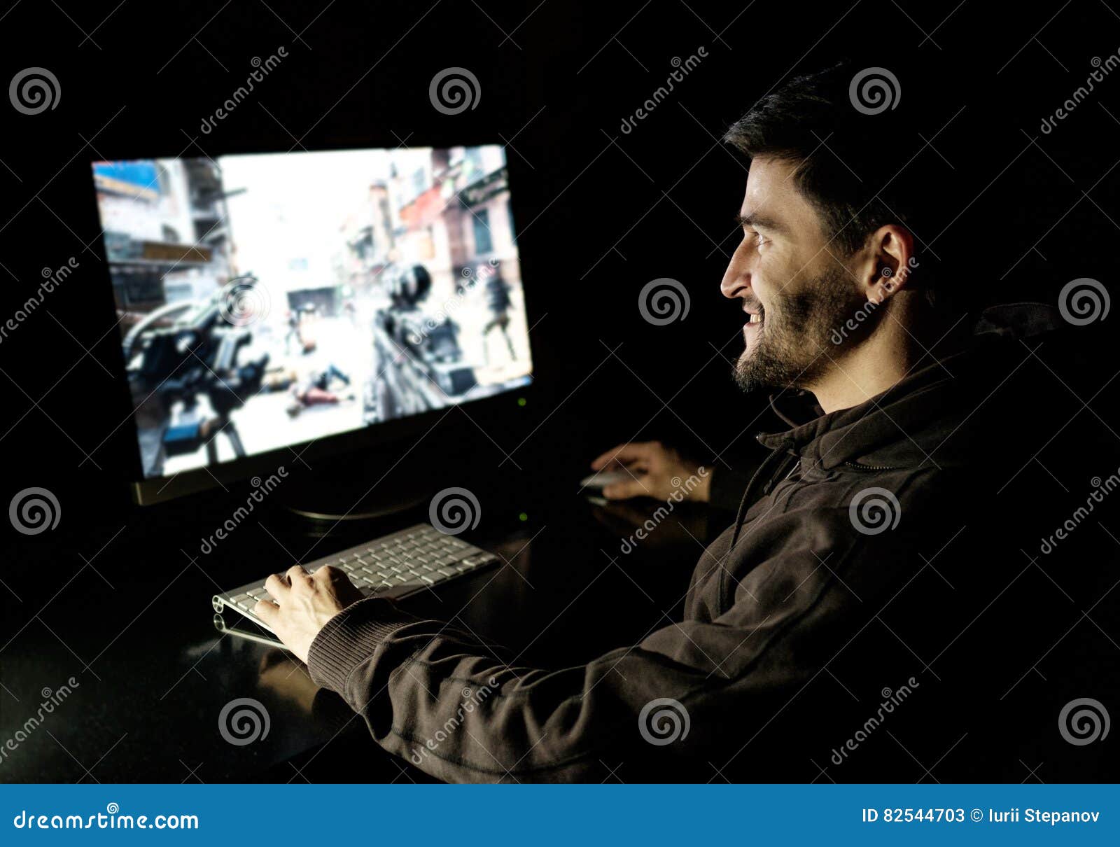 Happy Man Playing Videogame on Desktop Computer Stock Image - Image of ...