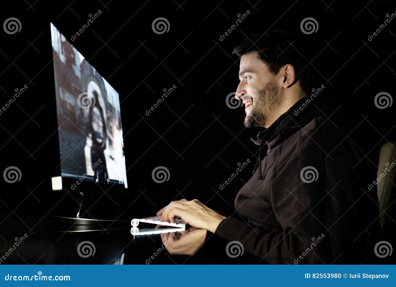 Happy Man Playing Videogame on Desktop Computer Stock Photo - Image of ...