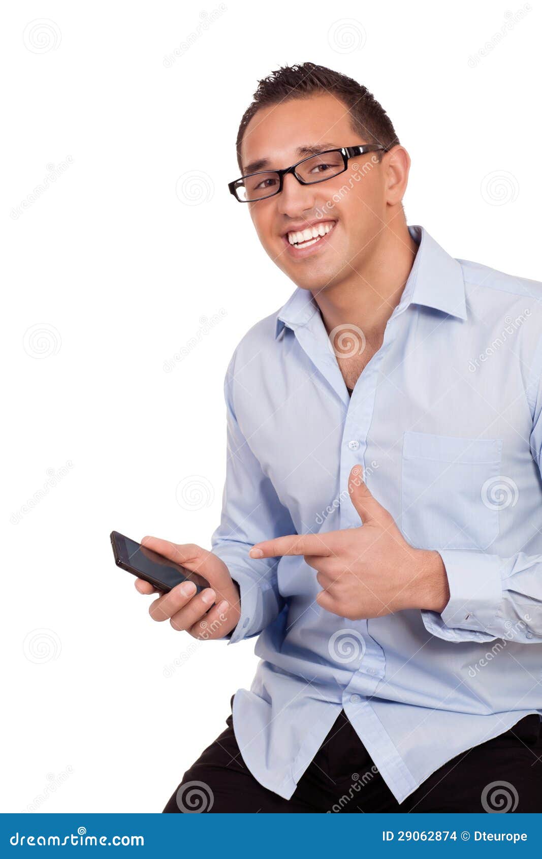 Happy Man Pointing To His Mobile Phone Stock Photo - Image of friendly ...