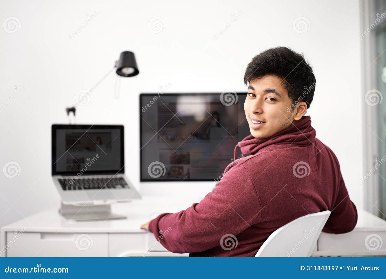 Happy Man, Portrait and Computer Screen for Web Development, Programming and Information ...