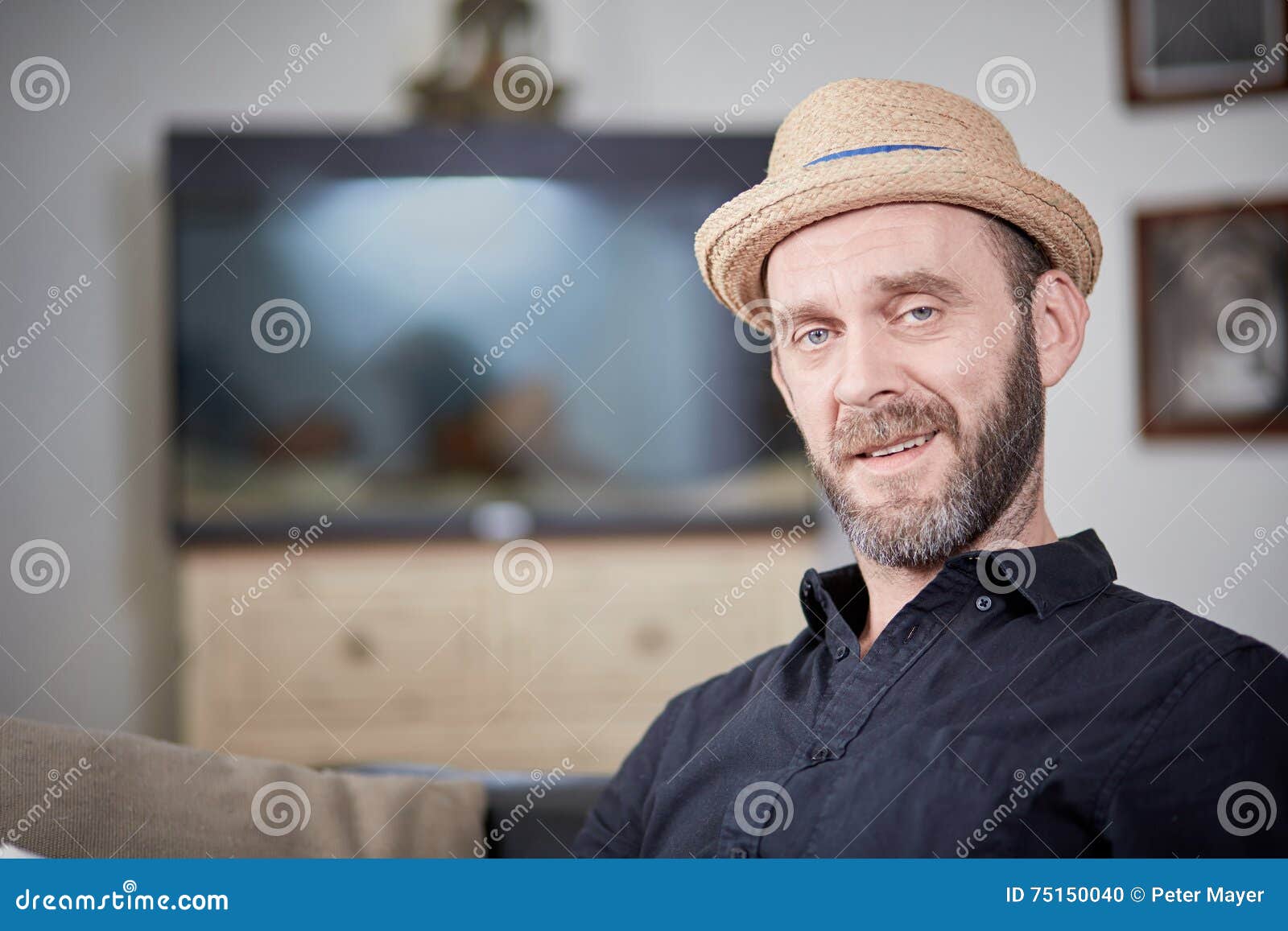 Happy Man Portrait at Home in Front of Aquarium Stock Photo - Image of ...