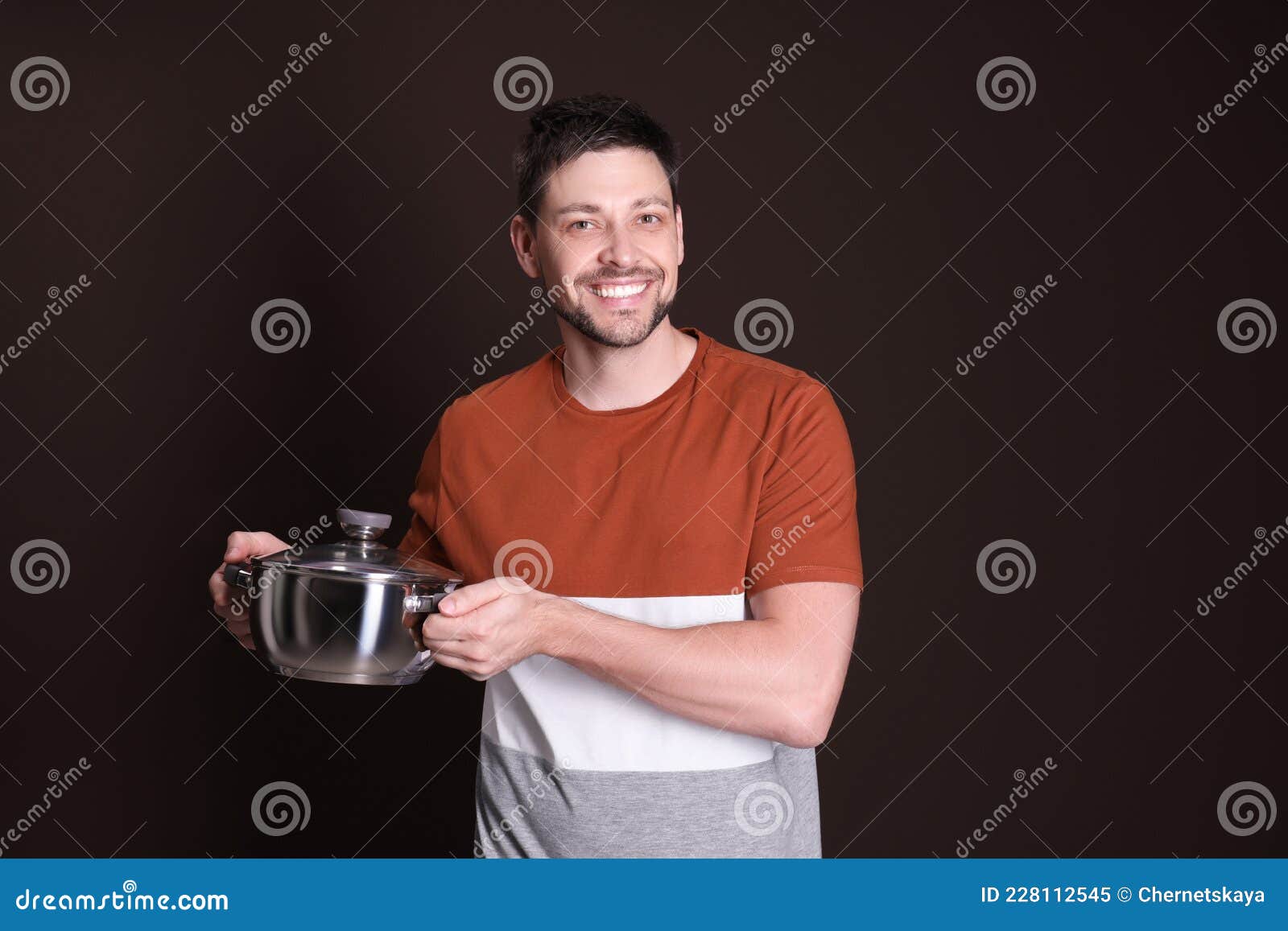Happy Man with Pot on Dark Background Stock Image - Image of male ...