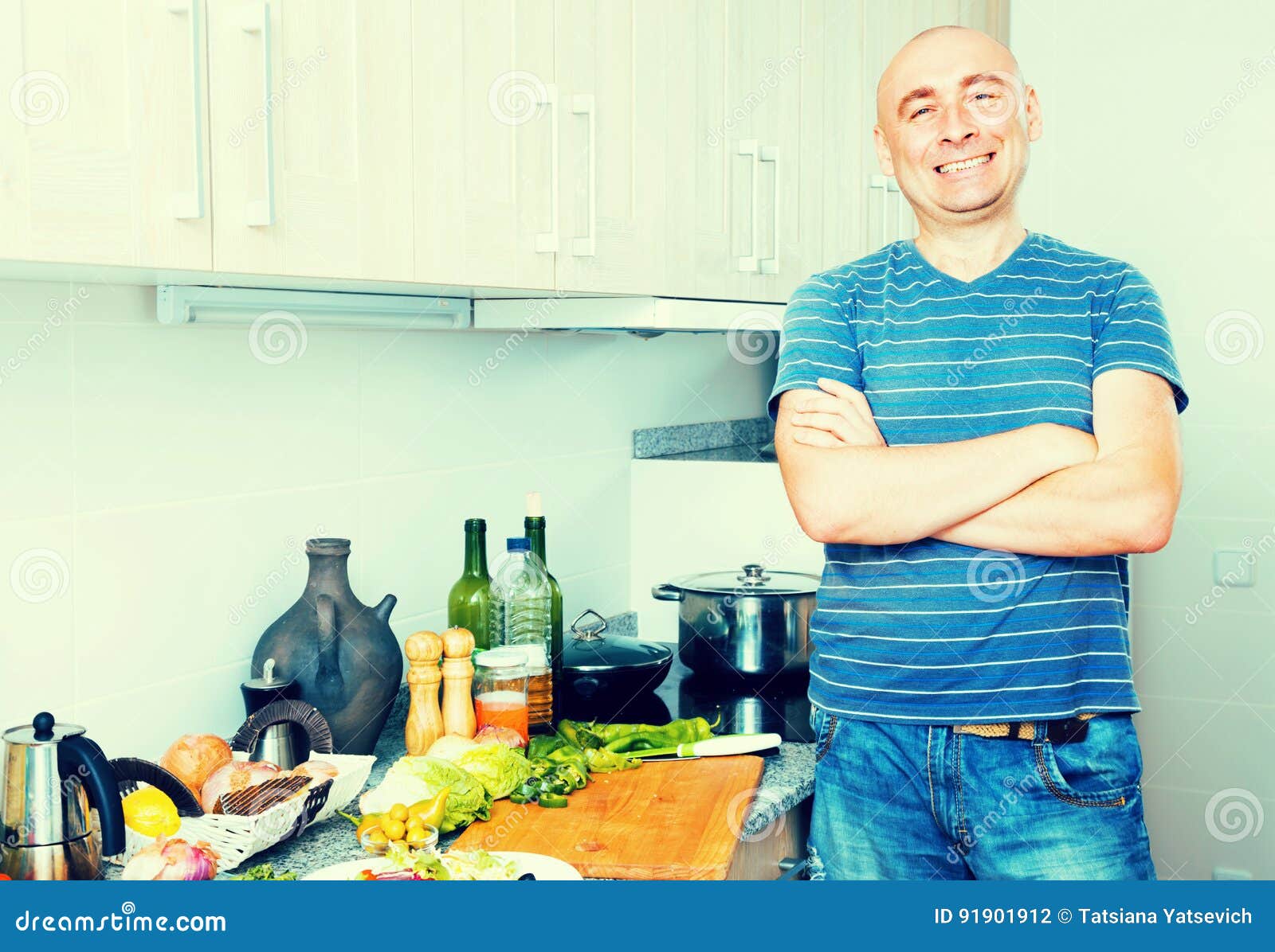 Happy Man in the Prime of Life in Kitchen Prepared Salads Stock Photo ... Happy Man in the Prime of Life in Kitchen Prepared Salads Stock Photo ...