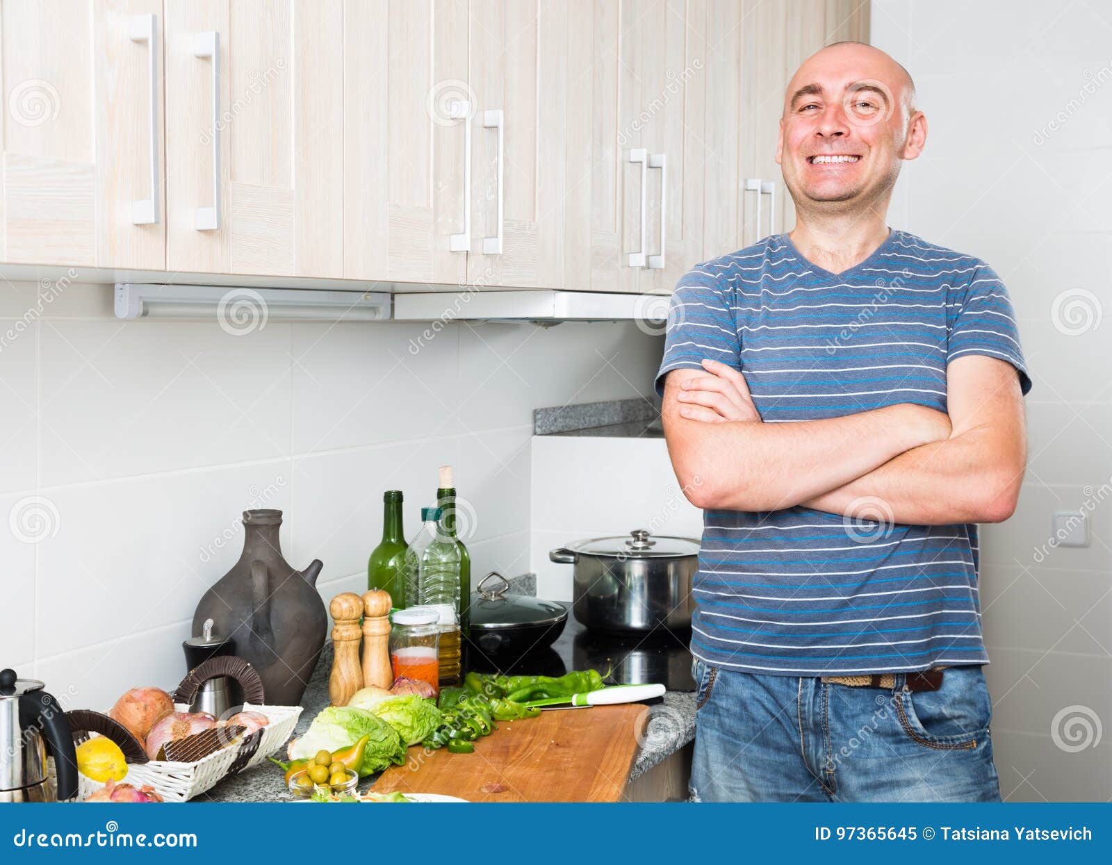 Happy Man in the Prime of Life in Kitchen Prepared Two Salads Stock ... Happy Man in the Prime of Life in Kitchen Prepared Two Salads Stock ...