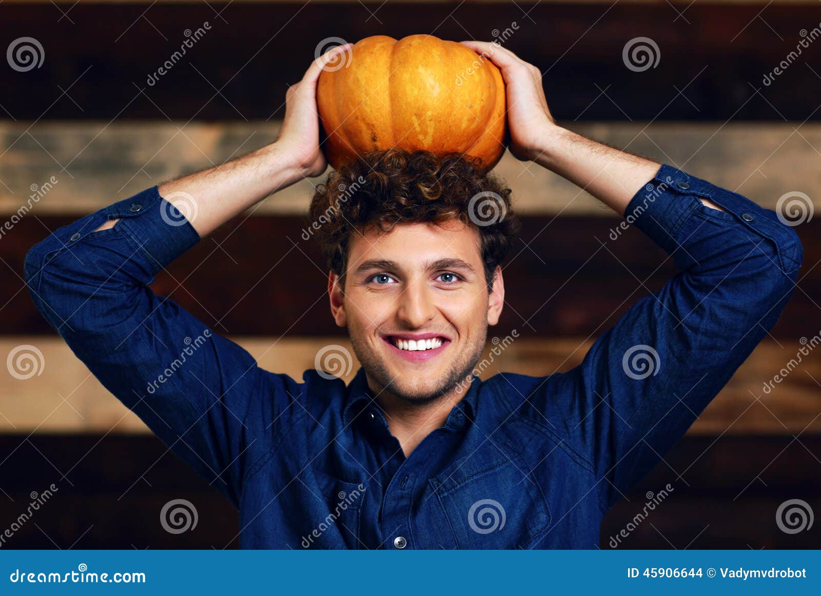 Happy Man with Pumpkin on Head Stock Photo - Image of laughing ...