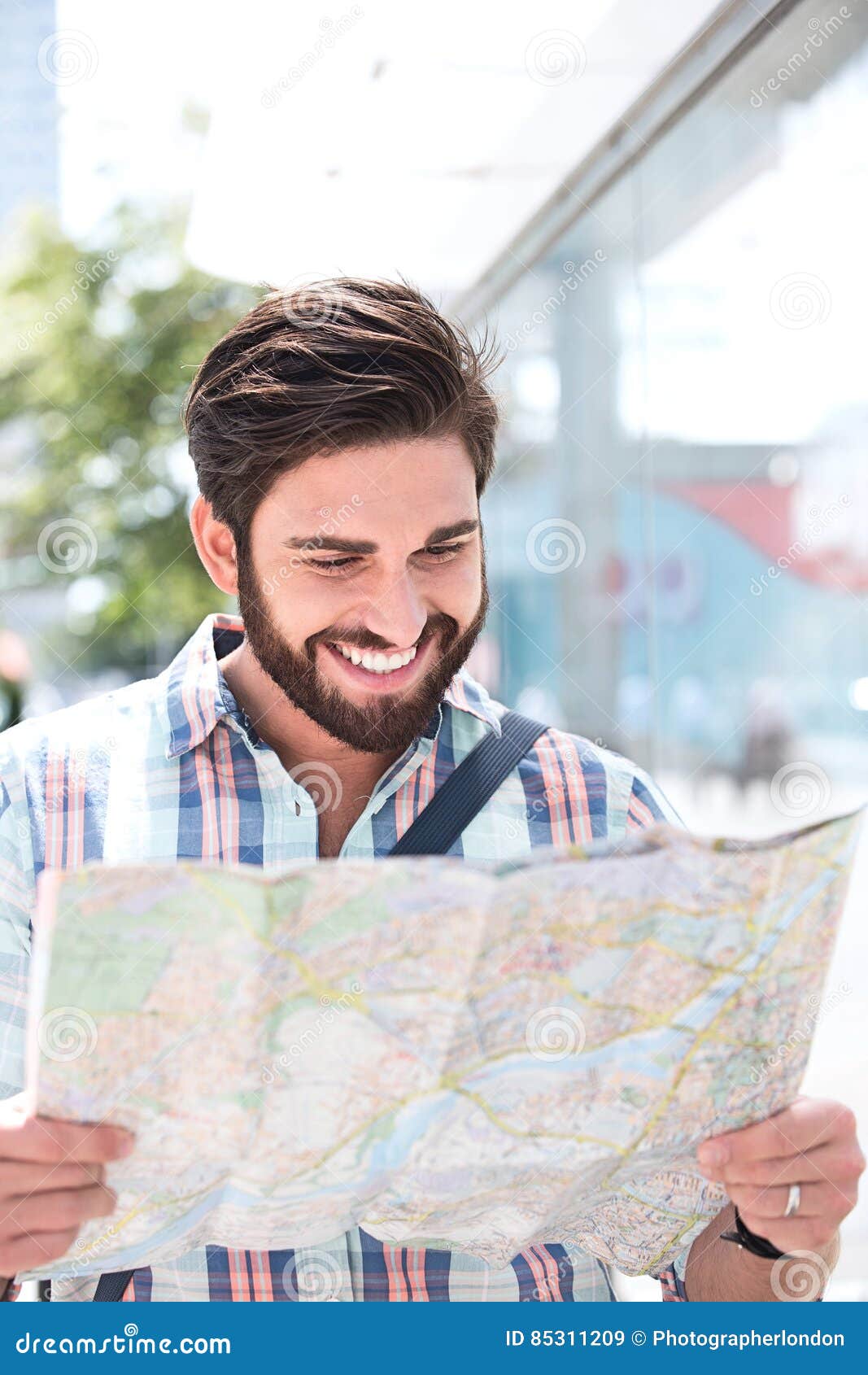 Happy Man Reading Road Map in City Stock Image - Image of excitement ...