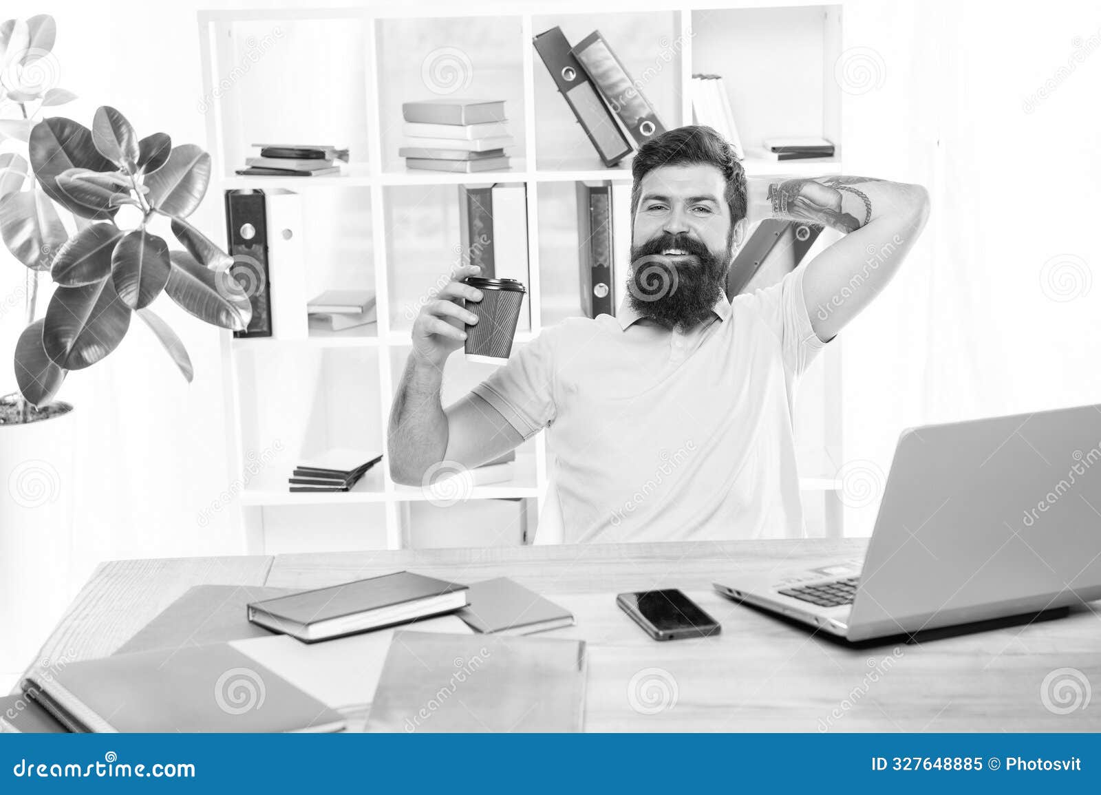 Happy Man Relaxing in Office during Coffee Break, Relaxation Stock ...