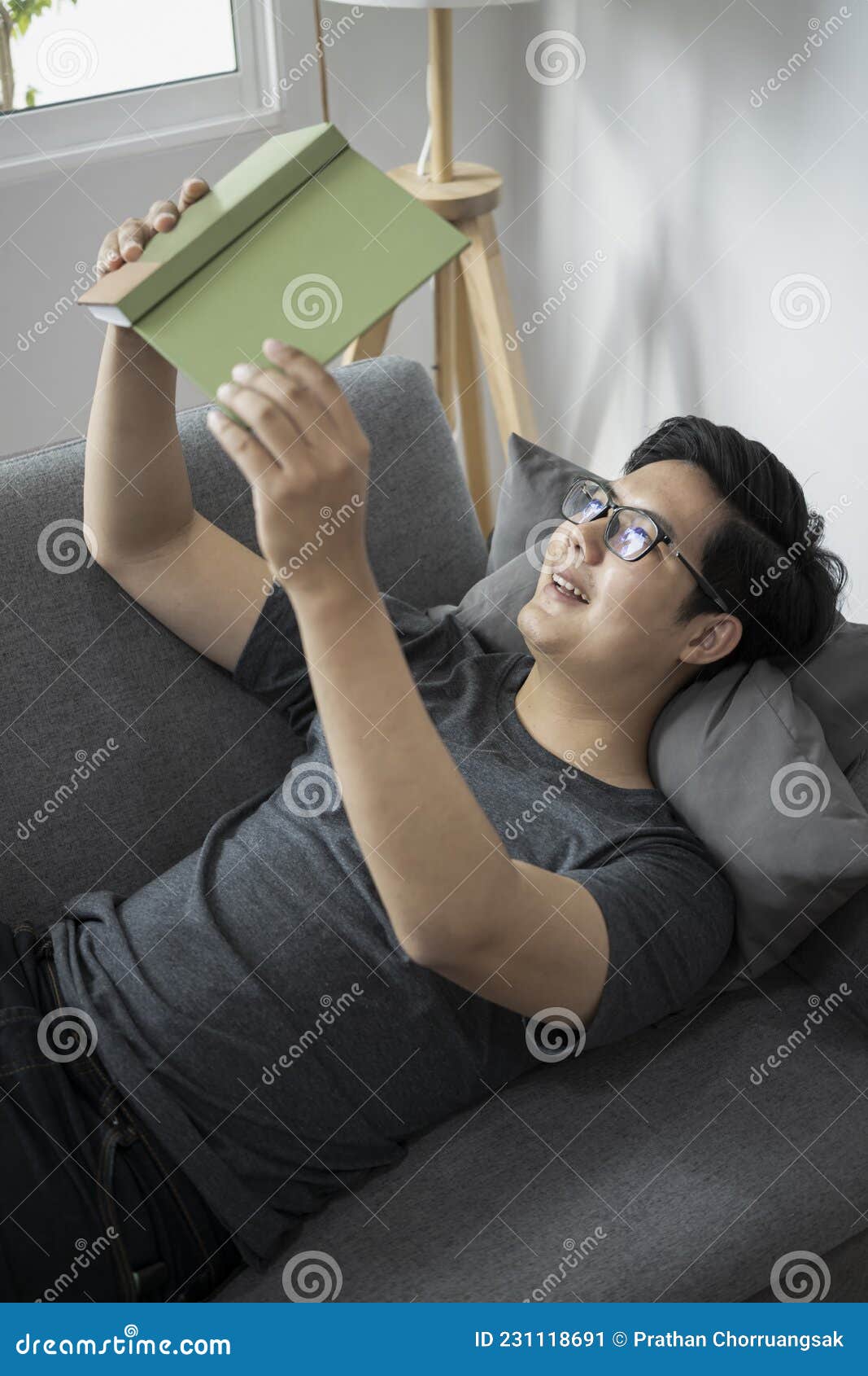 Man Relaxing on Sofa and Reading Book. Stock Image - Image of holding ...