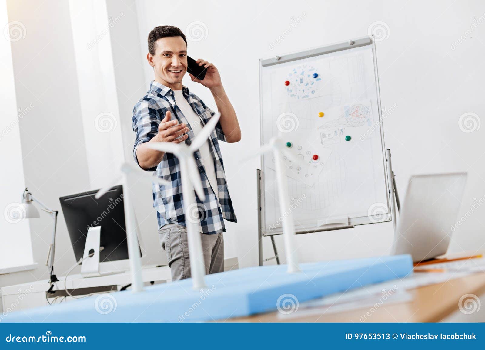 Happy Man Reporting on the Phone about Work Done Stock Image - Image of ...