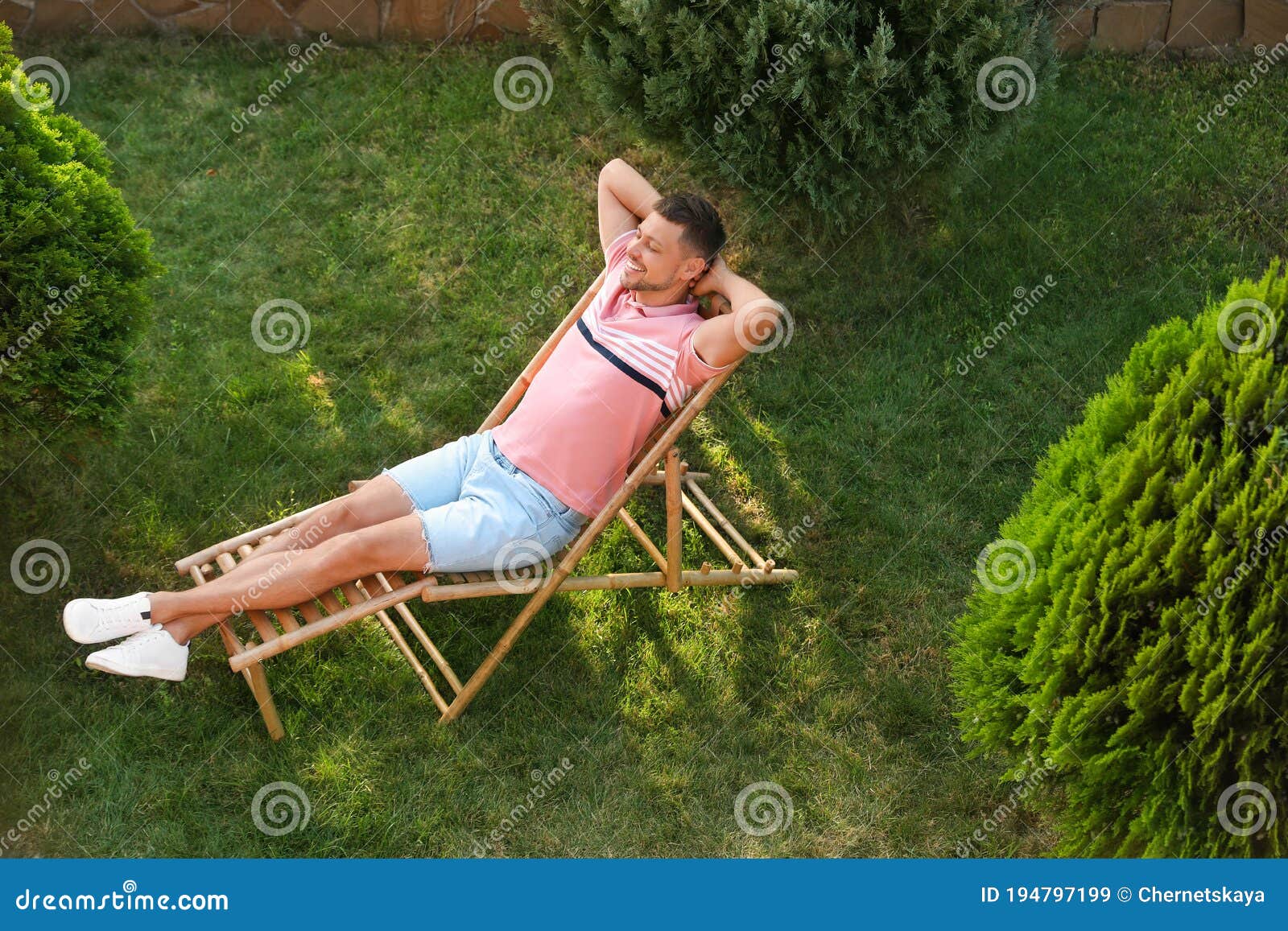 Man Resting in Deck Chair Outdoors, Above View Stock Image - Image of ...