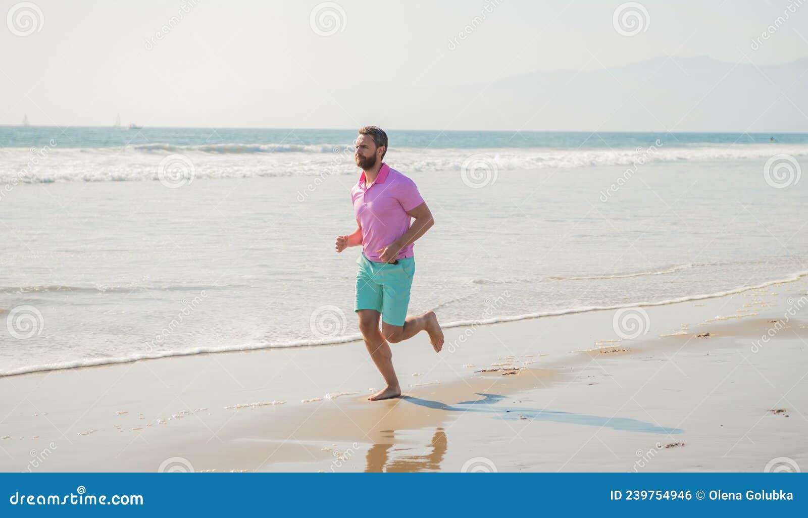 Barefoot Sprinter. Sport Athlete Run Fast To Win In Sea Daytime ...