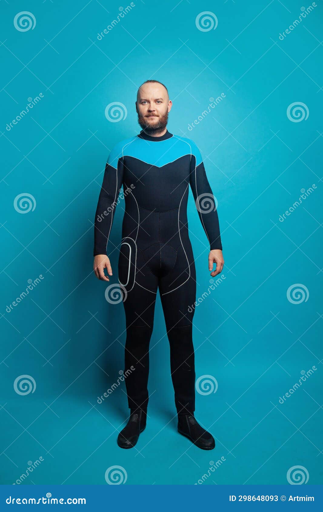 Happy Man Scuba Diver Standing on Blue Background Stock Image - Image ...