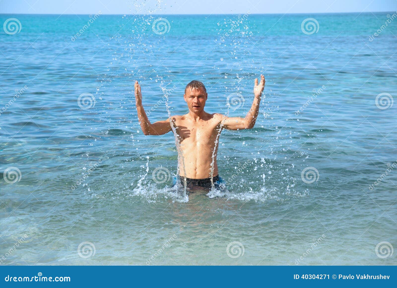 Happy Man in Sea with Splashes Stock Image - Image of sport, freedom ...