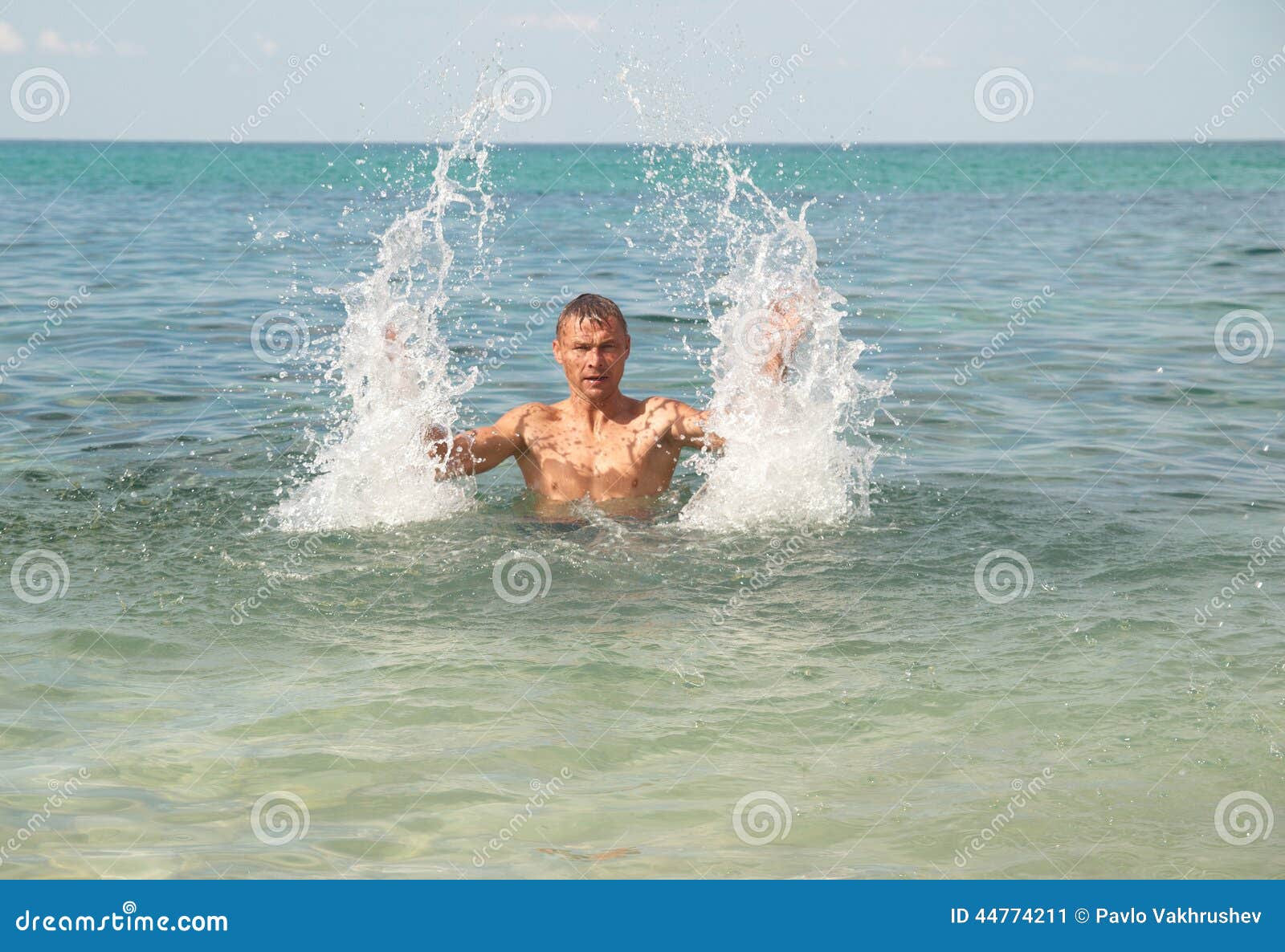 Happy Man in Sea with Splashes Stock Image - Image of motion, play ...