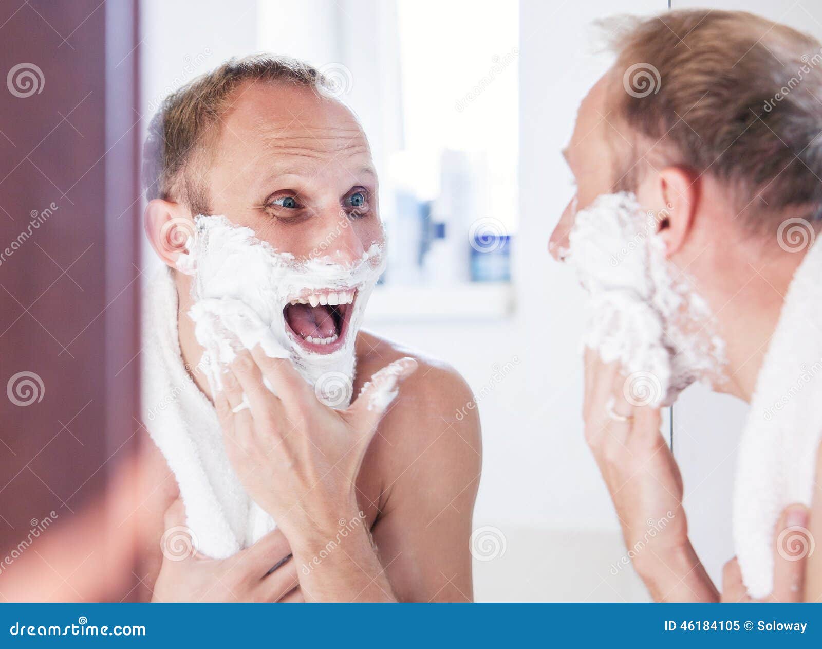 Happy Man Shaving in Bathroom Stock Image - Image of people, hair: 46184105
