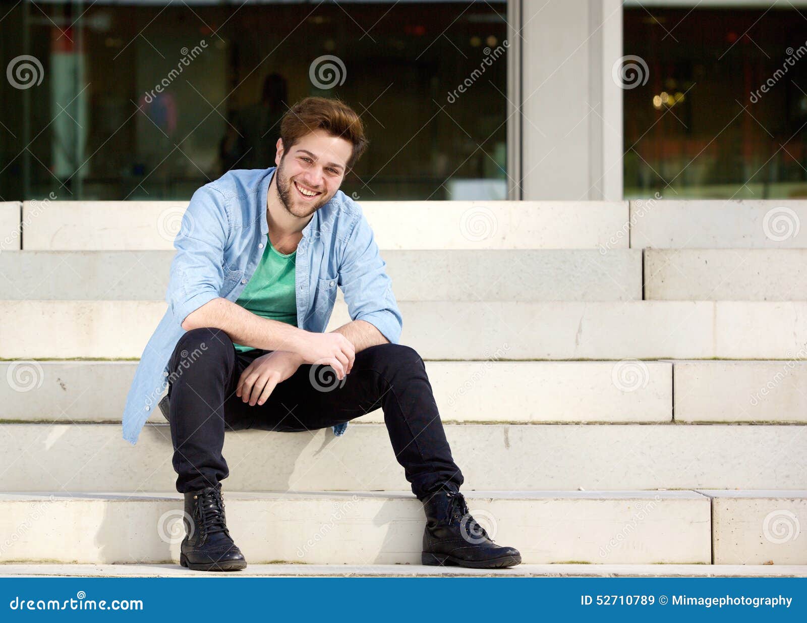 Happy Man Sitting on Steps Outdoors Stock Image - Image of laughing ...