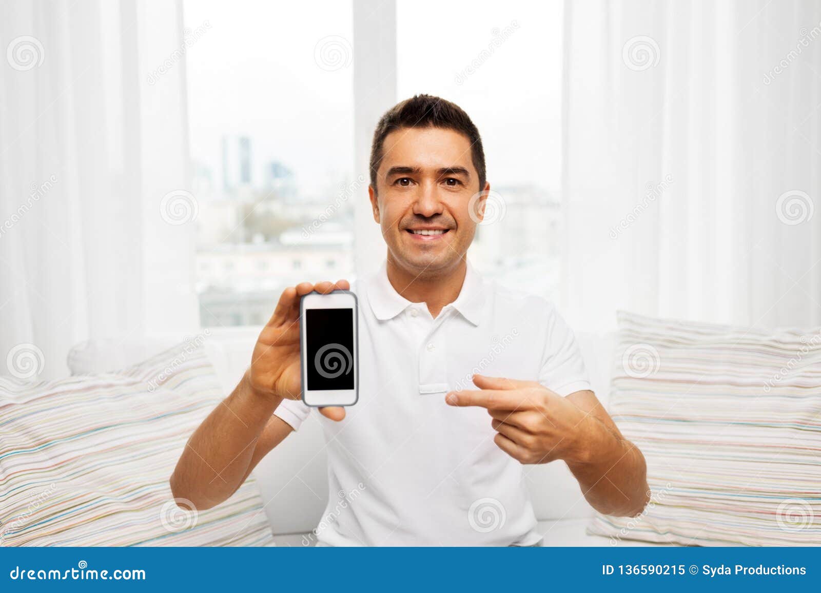 Happy Man with Smartphone at Home Stock Image - Image of black, blank ...