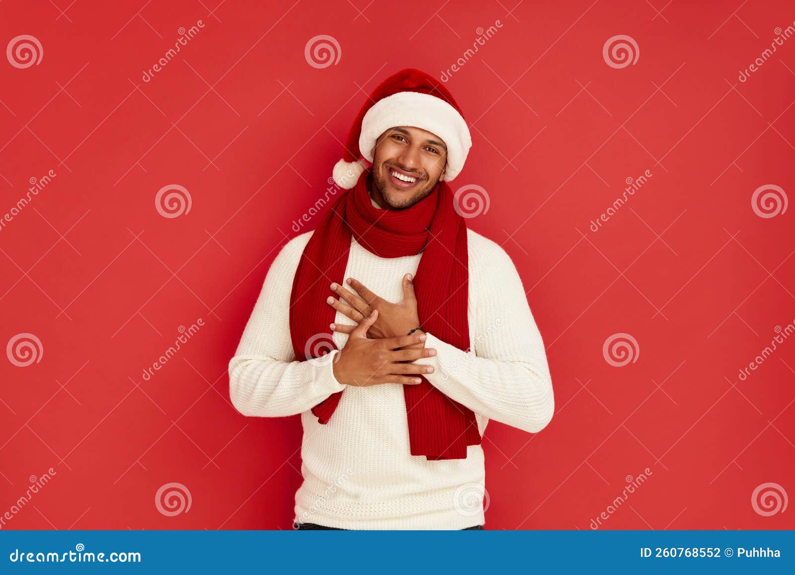 Happy Man Smiling Camera Cheerful Guy Smiling Sincerely Holding Hand