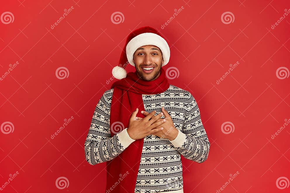 Happy Man Smiling Camera Cheerful Guy Smiling Sincerely Holding Hand
