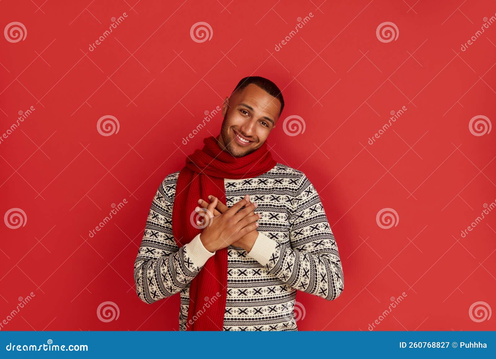 Happy Man Smiling Camera Cheerful Guy Smiling Sincerely Holding Hand