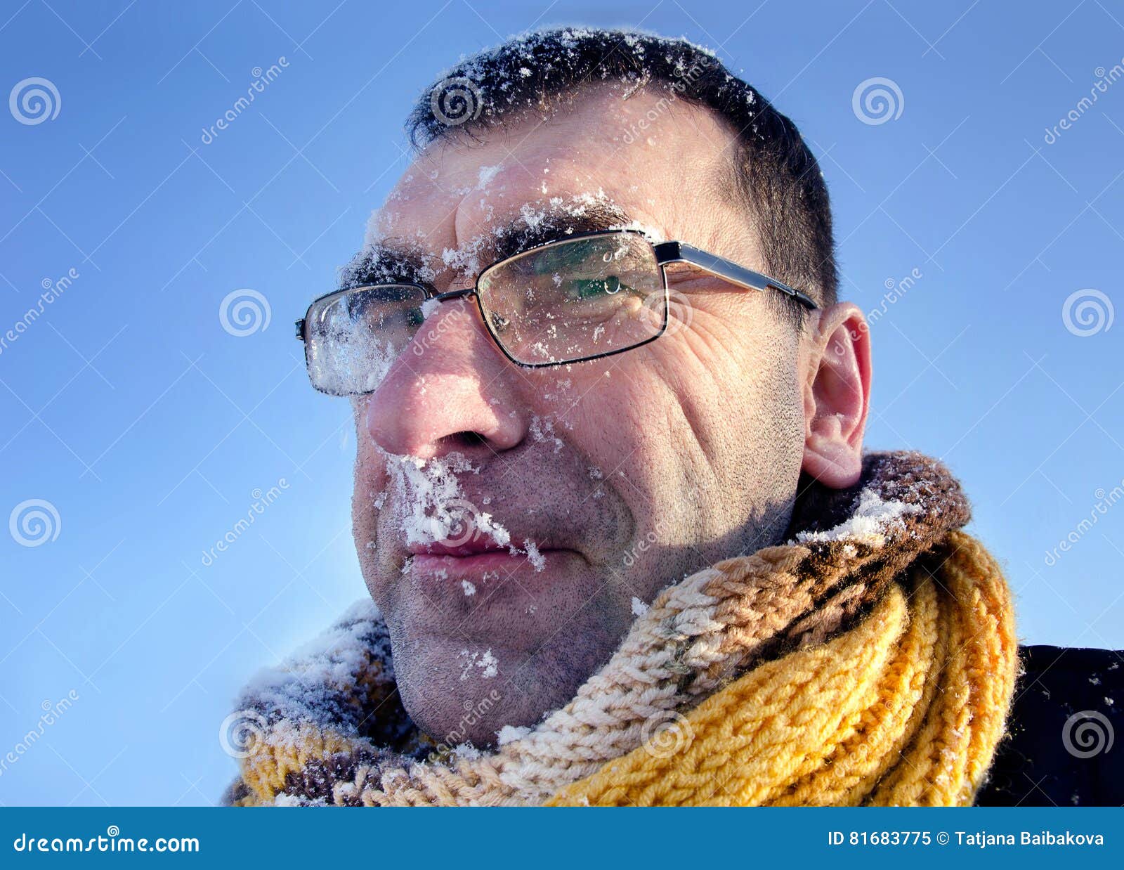 Happy Man in snow. stock image. Image of christmas, closeup - 81683775