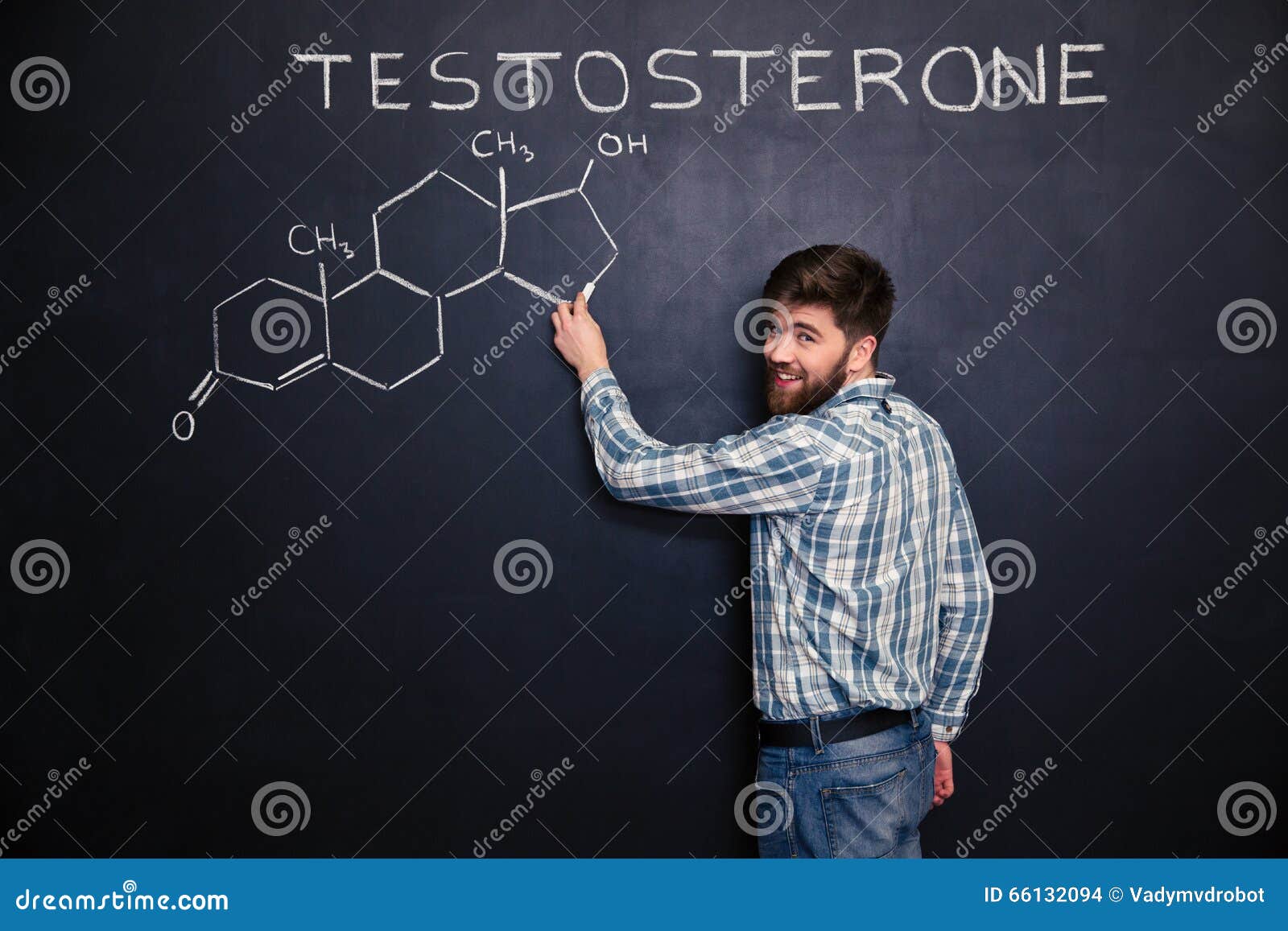 Happy Man Standing and Drawing Testosterone Molecule Chemical Structure ...
