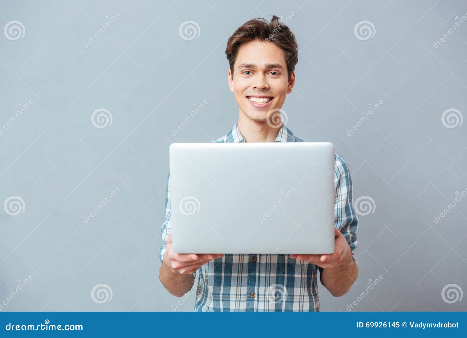 Happy Man Standing with Laptop Computer Stock Image - Image of wireless ...