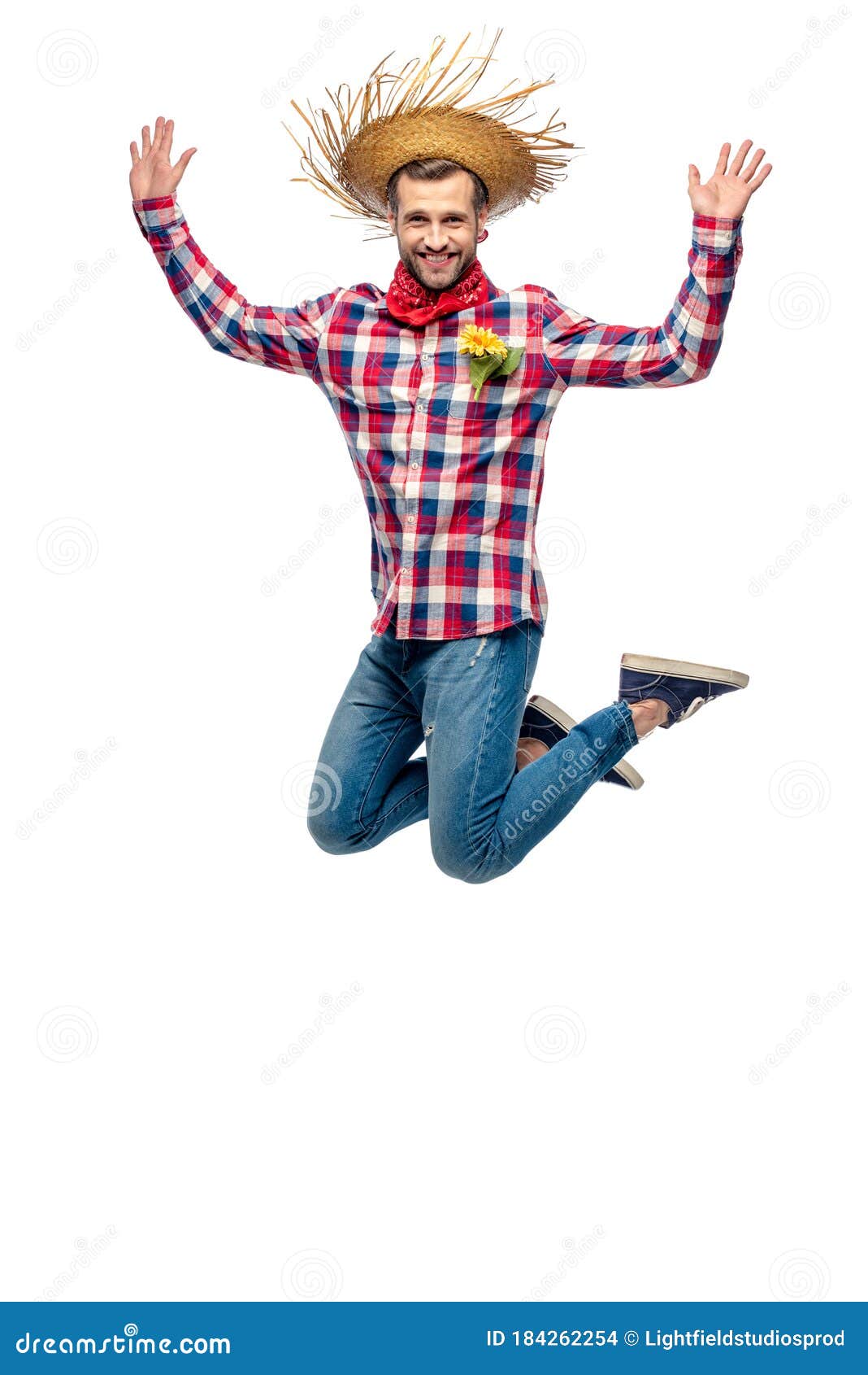 Happy Man in Straw Hat Jumping with Raised Hands Stock Photo - Image of ...