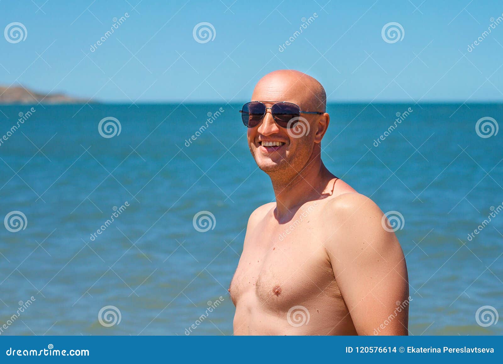 Happy Man Sunbathing Standing by the Sea Holiday Concept Stock Photo ...