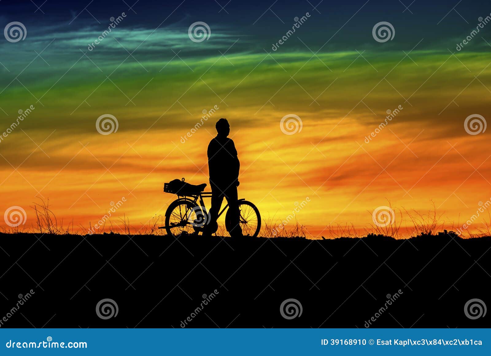Happy Man Sunset and Bicycle Stock Photo - Image of excited, climber ...