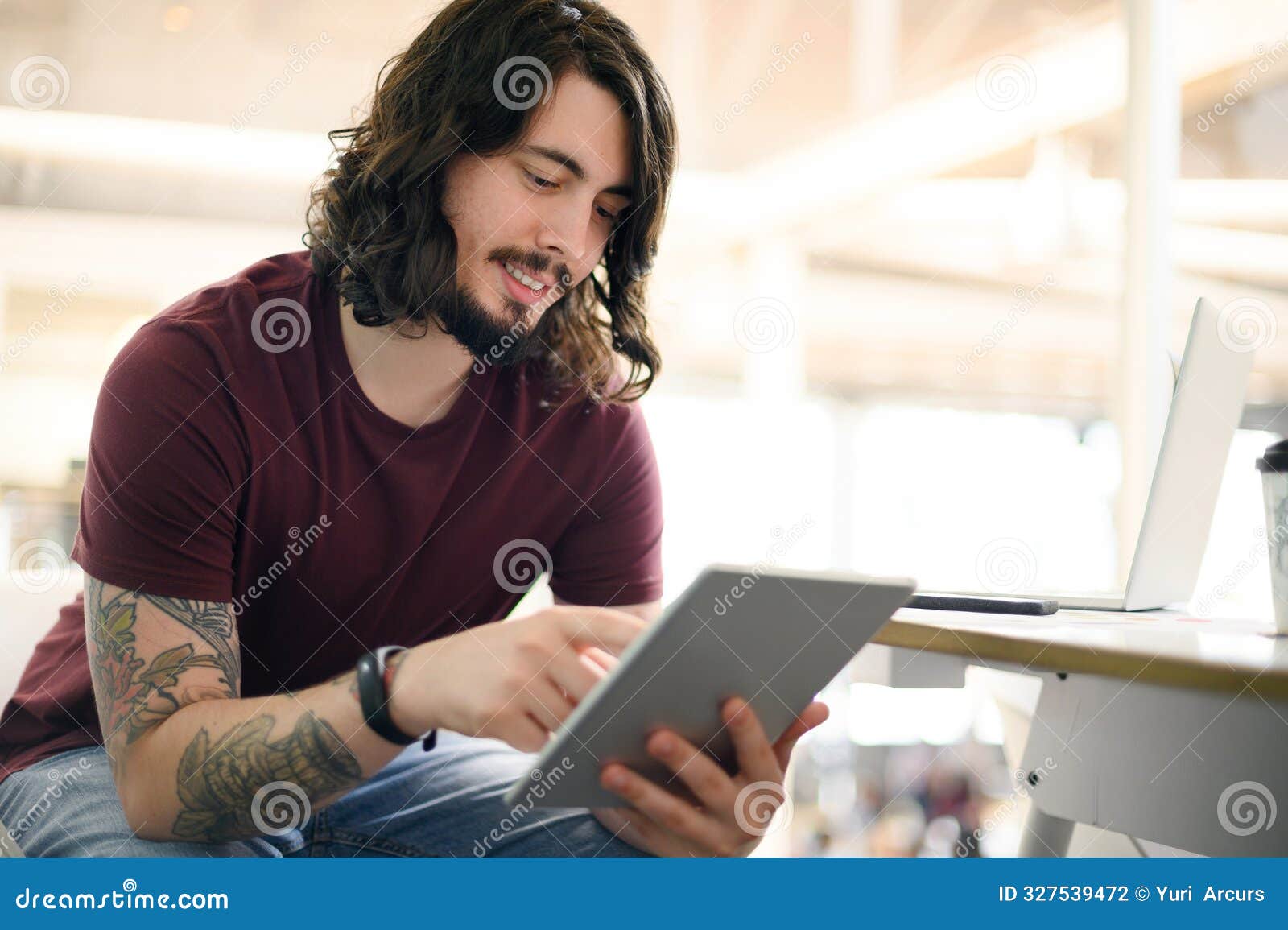 Happy Man, Tablet or Planning for Web Design Research, Ideas or Vision for Programming Algorithm ...