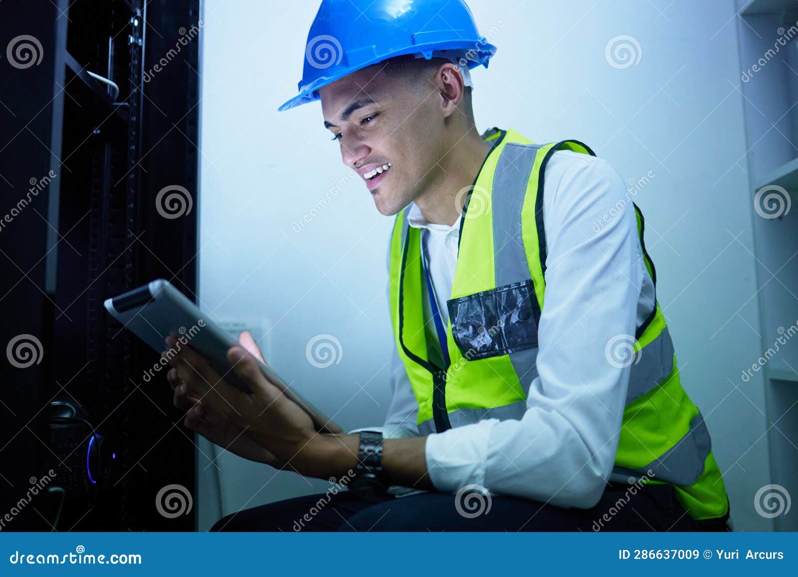 Happy Man, Tablet or Server Room Technician, Engineer and Smile for ...