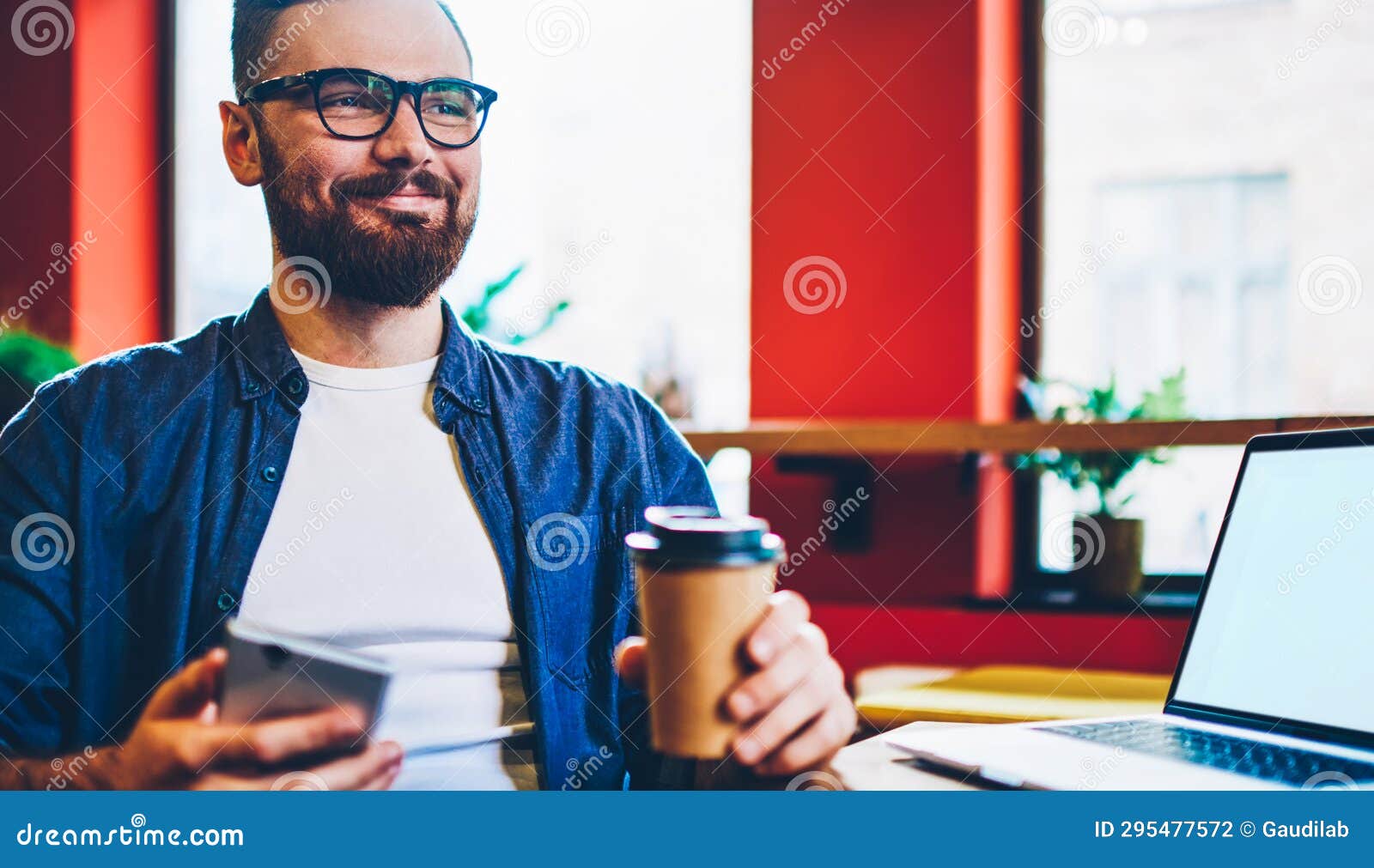 Happy Man with Takeaway Cup Enjoying Coffee Break Stock Photo - Image ...