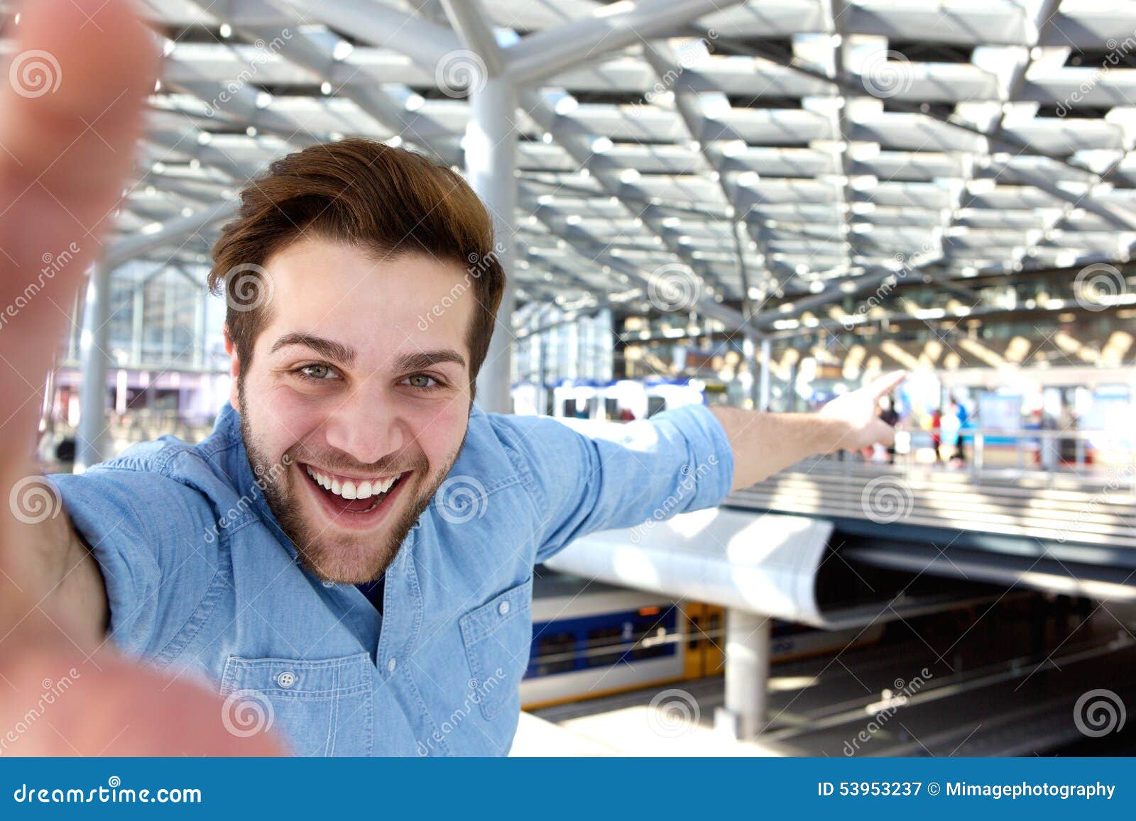 Happy Man Taking Selfie and Pointing Stock Image - Image of handsome ...