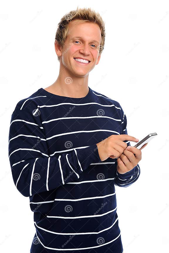 Happy Man Texting on Cell Phone Stock Photo - Image of press ...