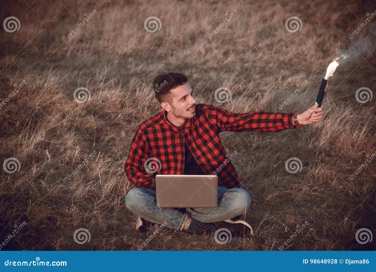 Happy man with the torch stock photo. Image of cell, adult - 98648928