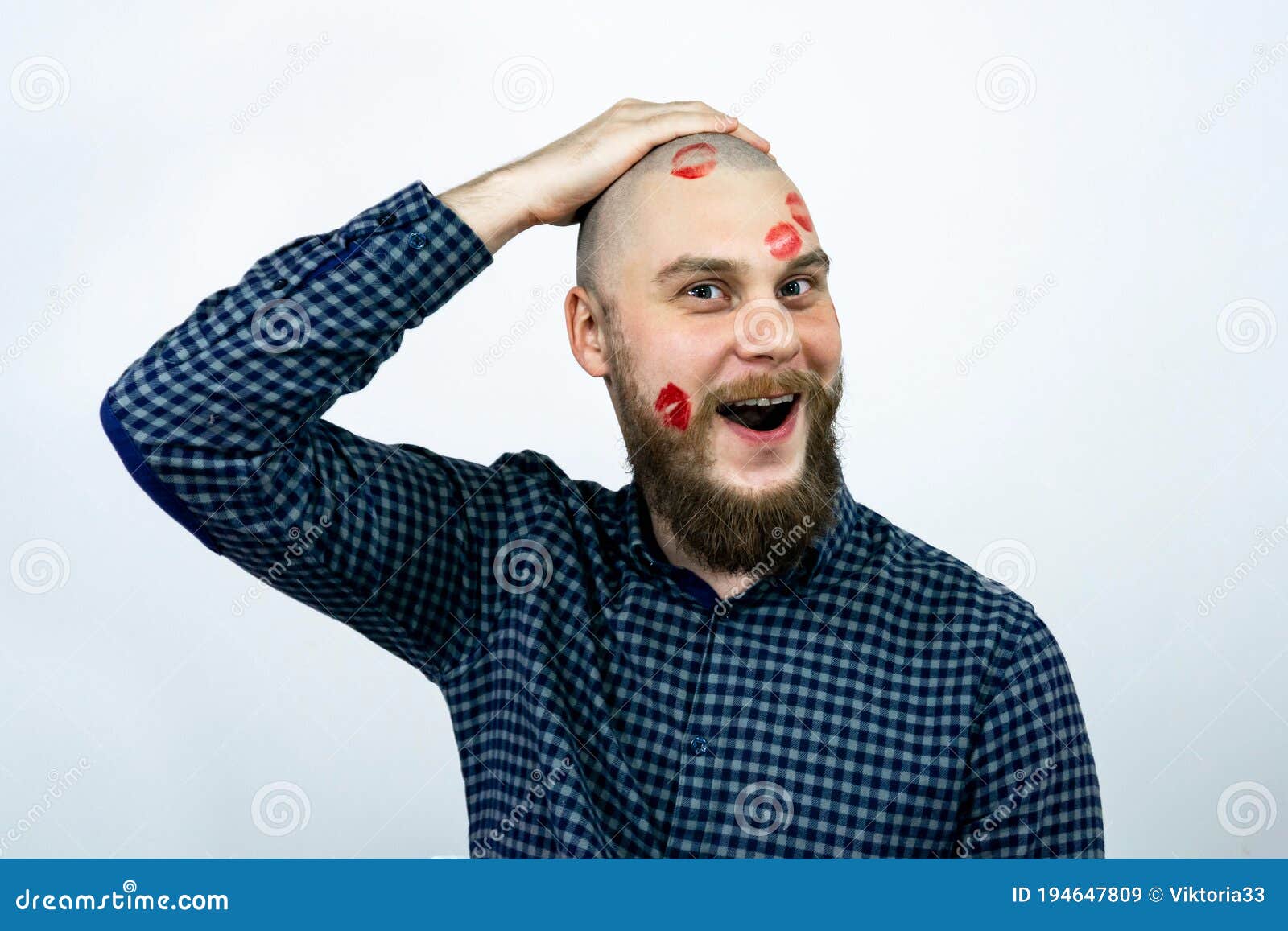 Happy Man With Traces Of Kisses On His Head Guy Face In Lipstick Stock